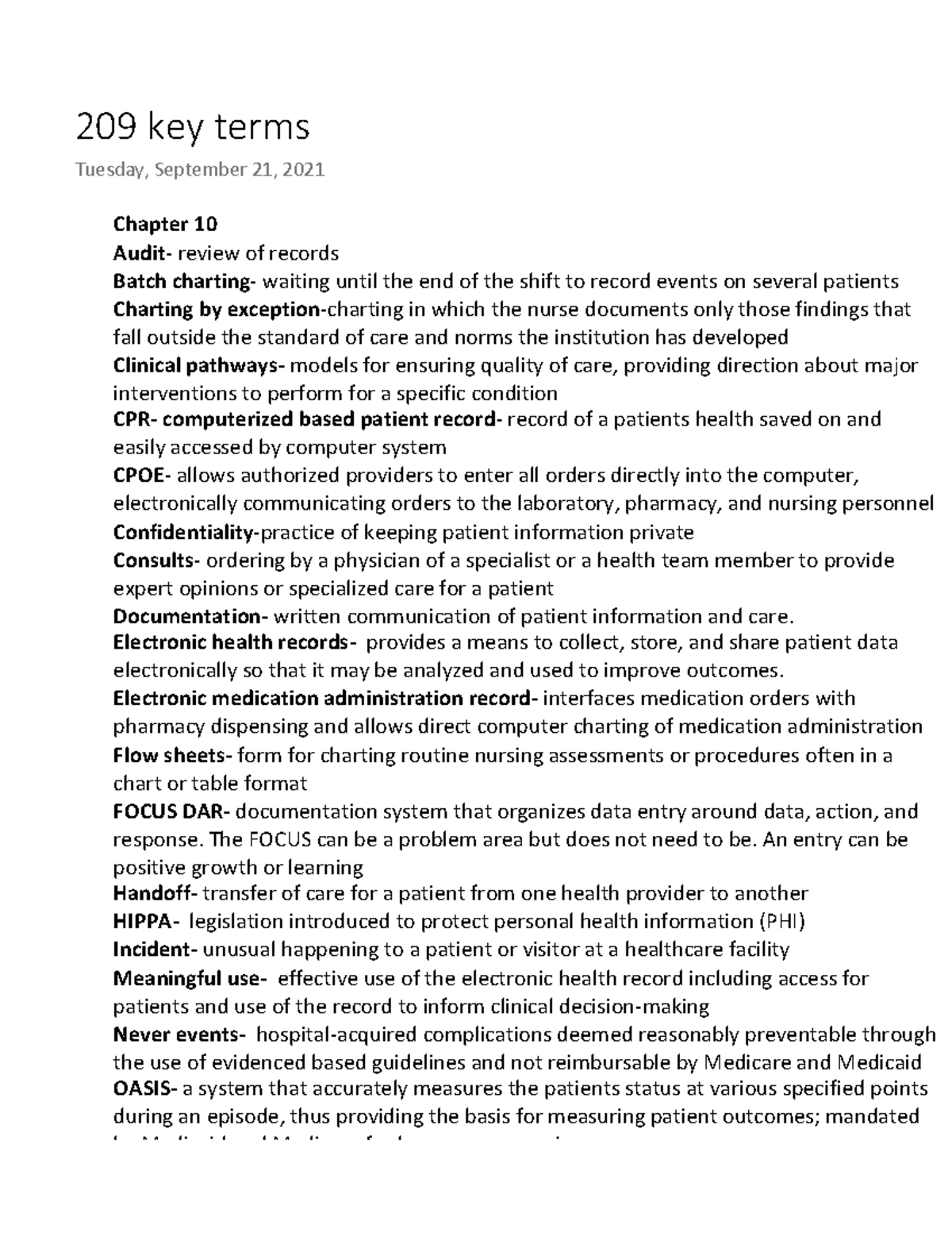 fundamentals of nursing key terms - Chapter 10 Audit - review of ...