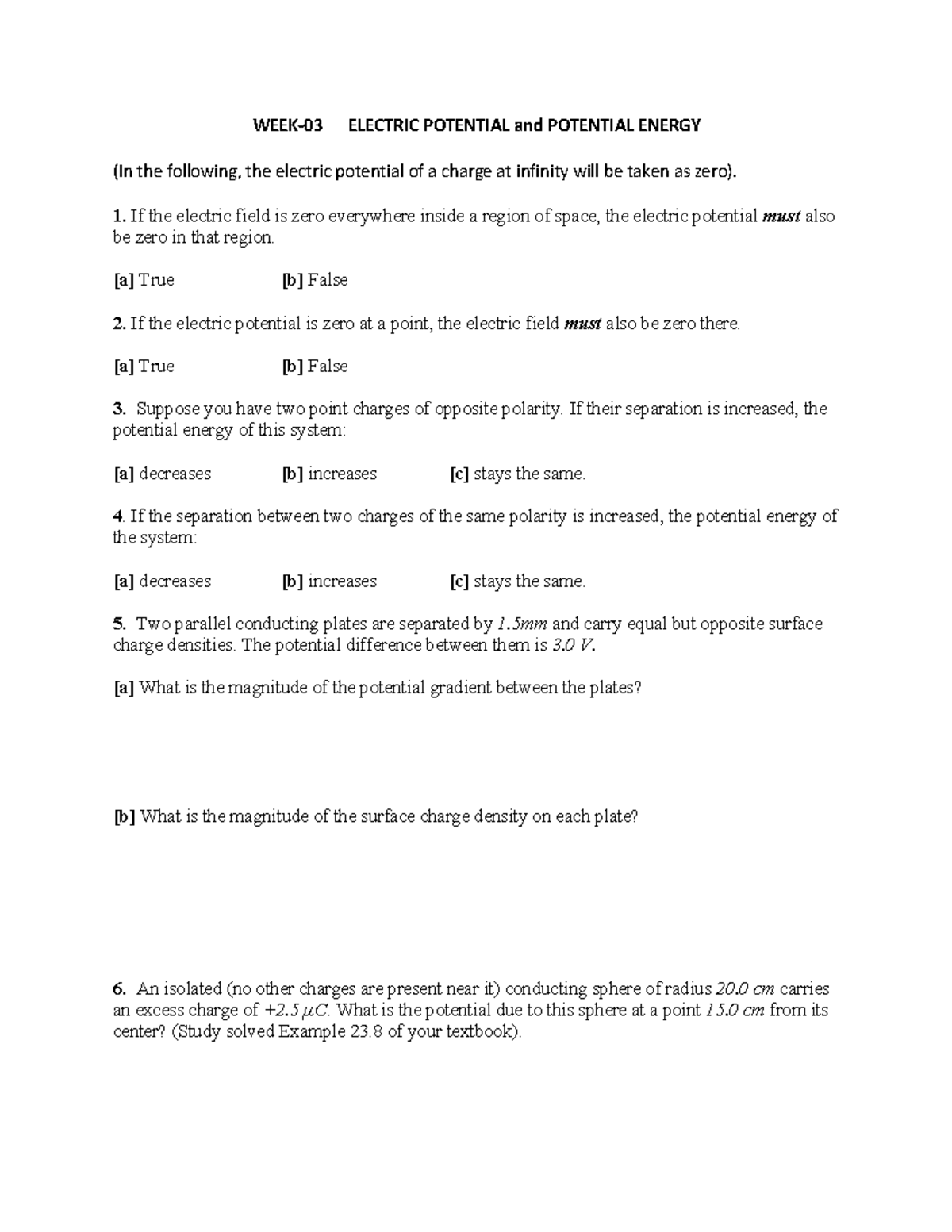 Worksheet- Electric Potential - WEEK- 03 ELECTRIC POTENTIAL and ...
