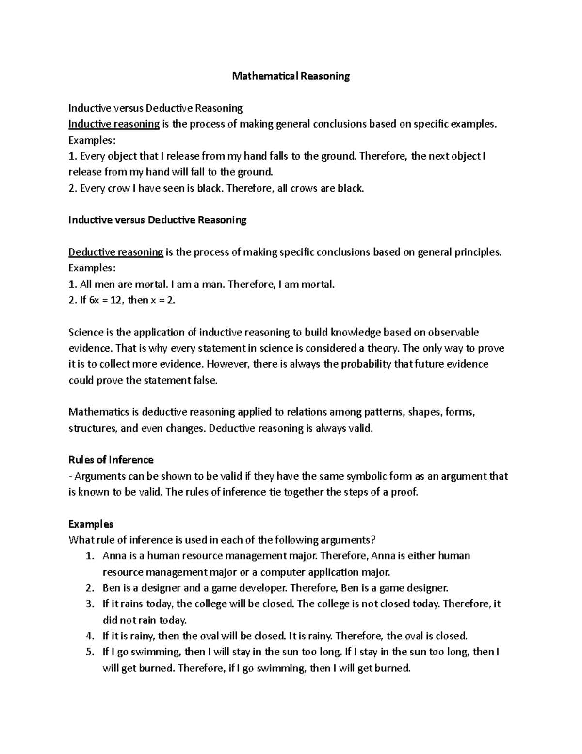 Mathematical Reasoning - Mathematical Reasoning Inductive versus ...