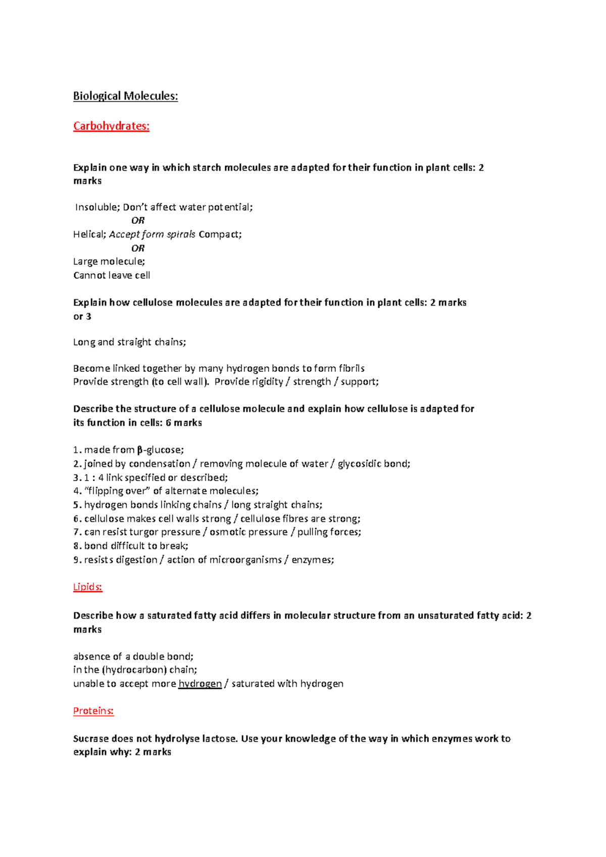 Biological Molecules- questions and answers - Biological Molecules ...