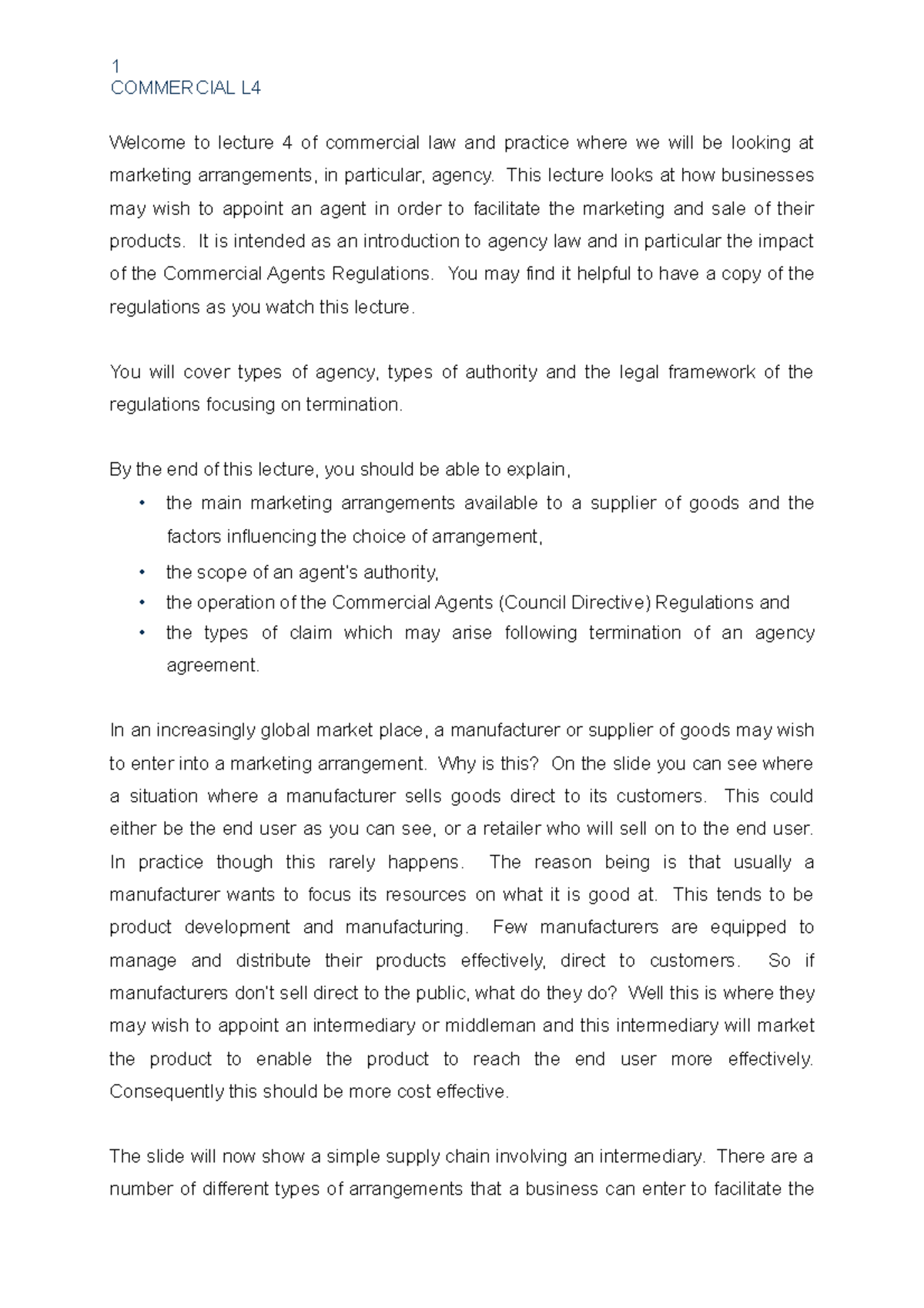 Commercial lecture 4 transcript - COMMERCIAL L Welcome to lecture 4 of ...