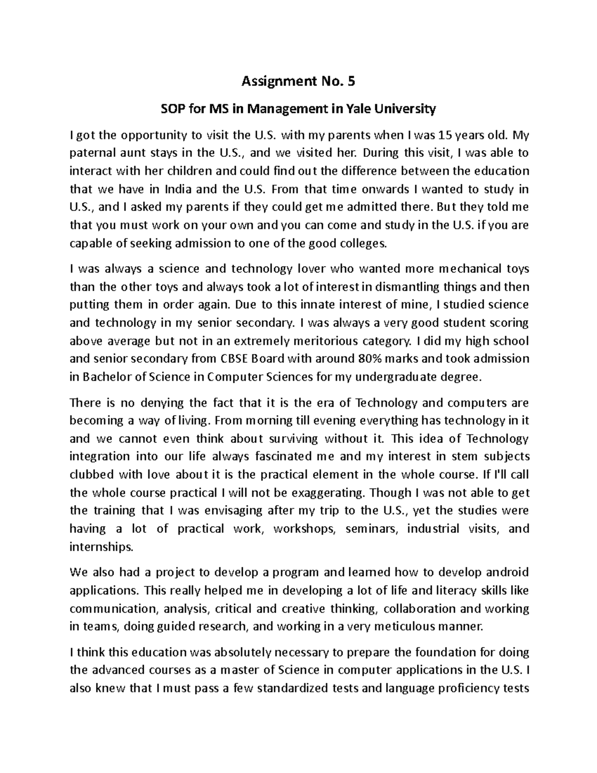 Assignment 5 - 5 SOP for MS in Management in Yale University I got the ...