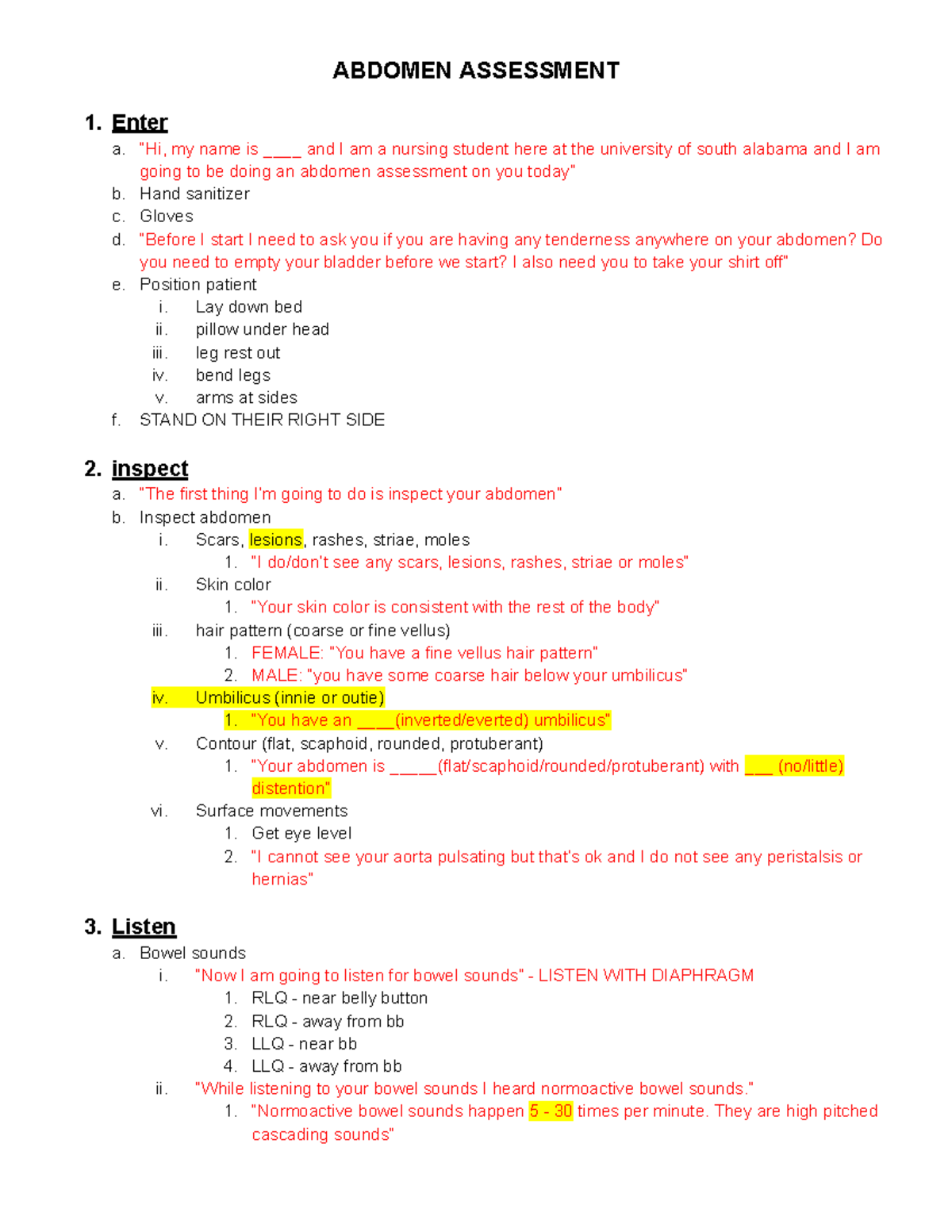 Abdomen Assessment - Google Docs - ABDOMEN ASSESSMENT 1. Enter a. “Hi ...