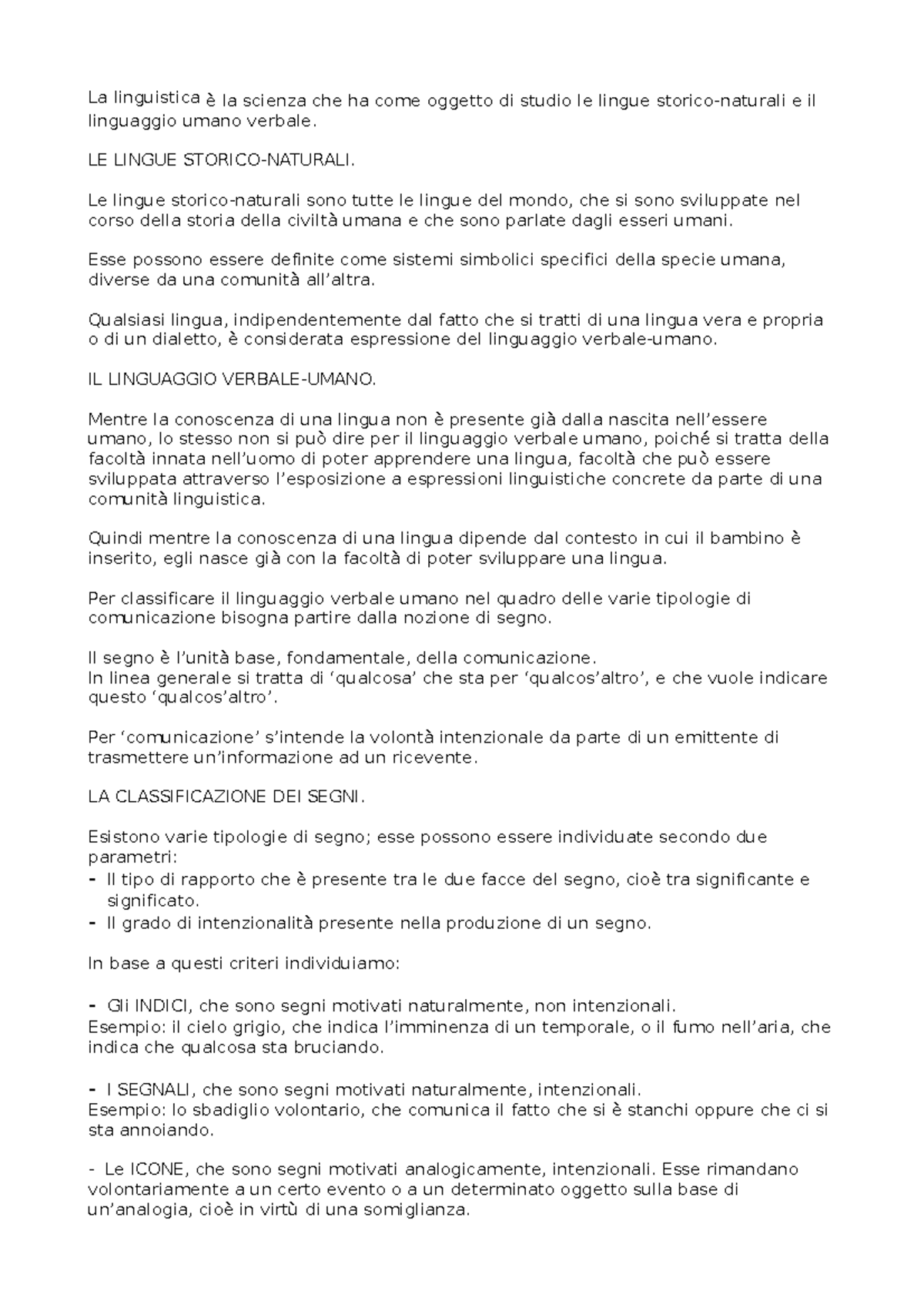 Le lingue storico-naturali, il linguaggio verbale- umano - La ...
