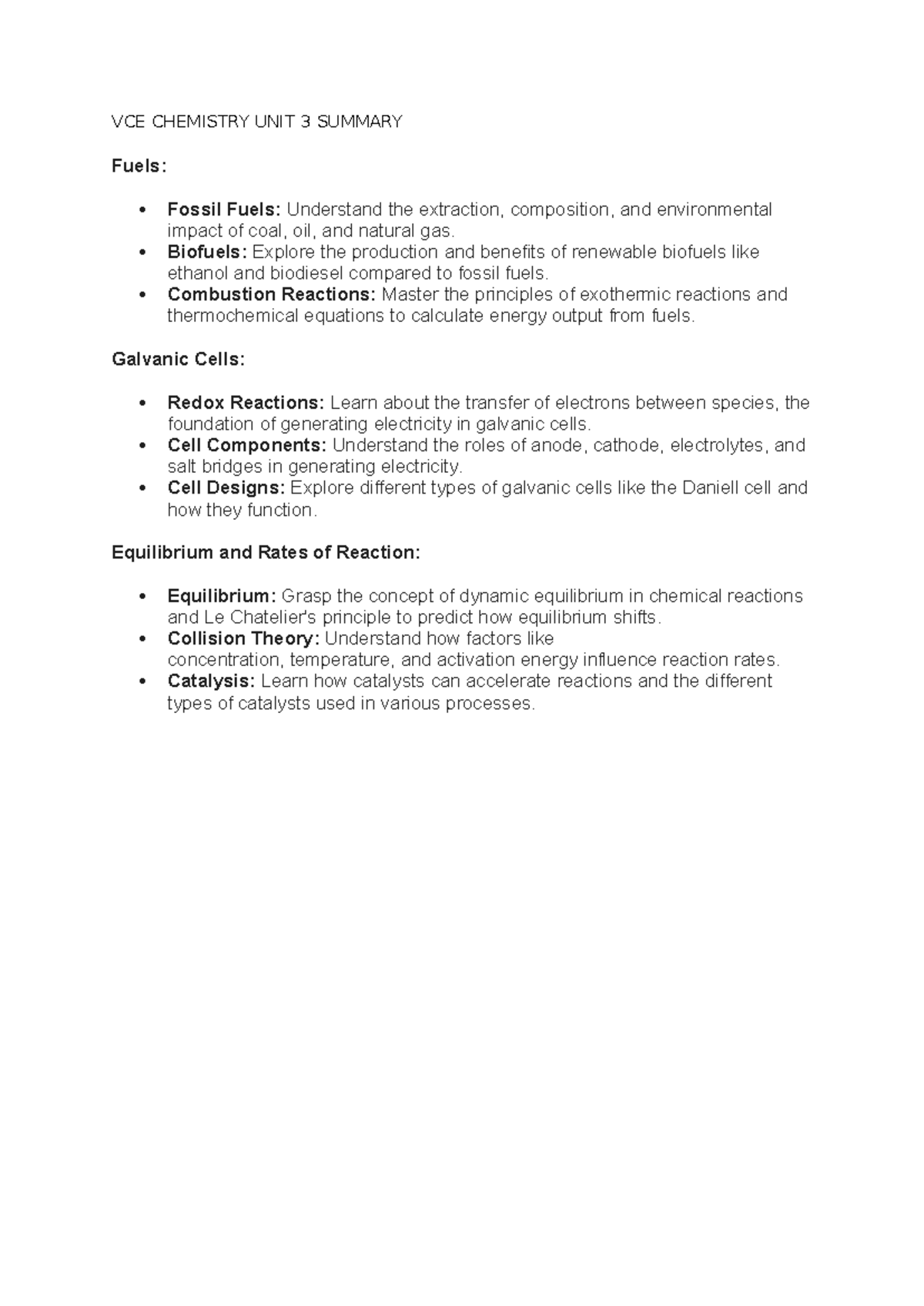 VCE Chemistry UNIT 3 Summary - VCE CHEMISTRY UNIT 3 SUMMARY Fuels ...