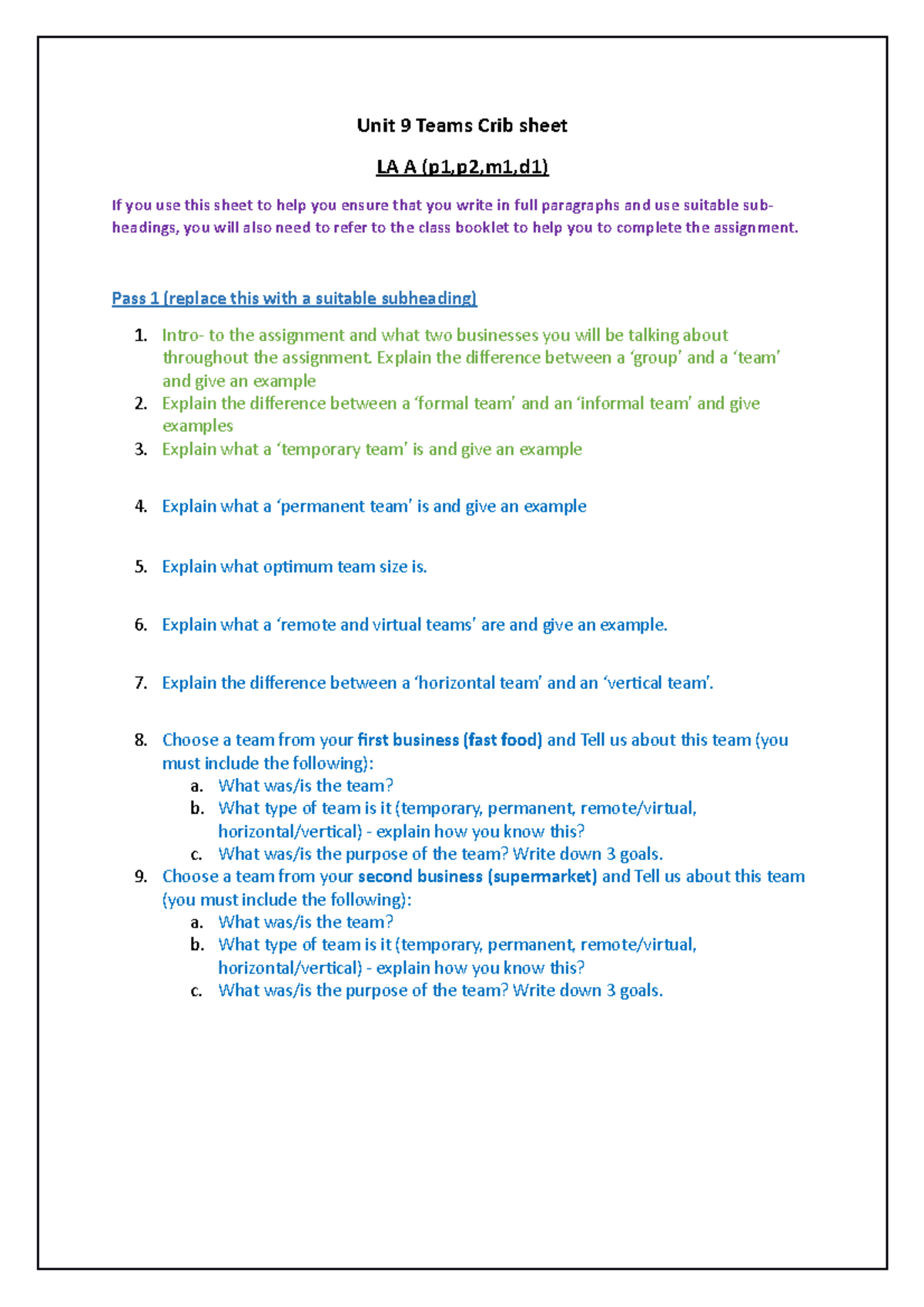 Unit 9 Teams LA A Crib sheet - Unit 9 Teams Crib sheet LA A (p1,p2,m1 ...