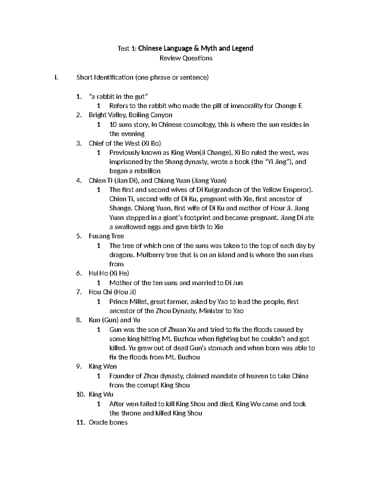 Review Questions Test 1 - Test 1: Chinese Language & Myth and Legend ...