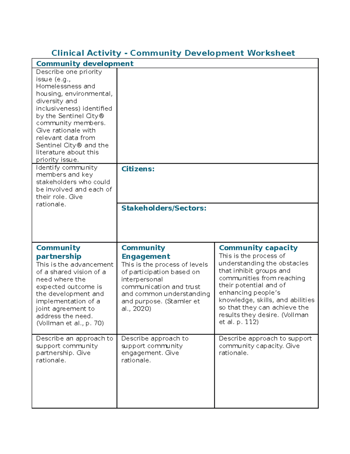 Clinical Activity - Community Development Worksheet - , Homelessness ...