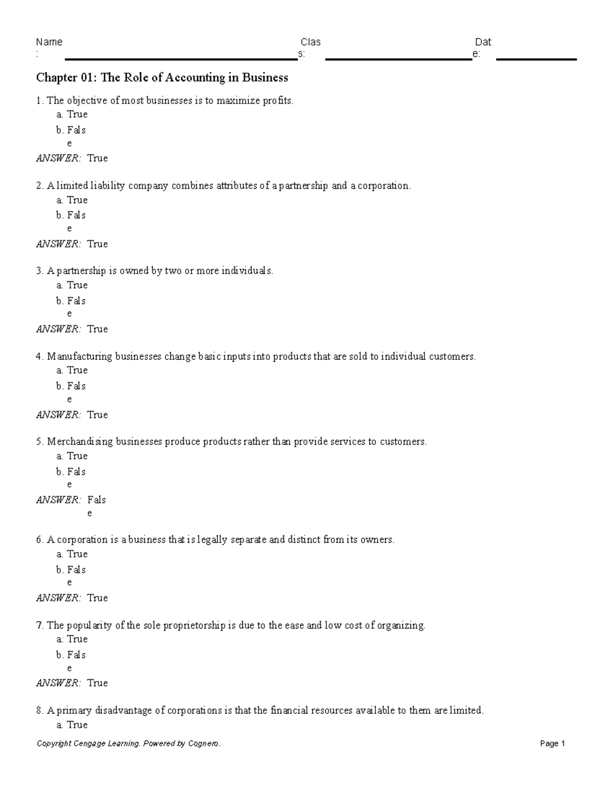 Chapter 01: The Role of Accounting in Business Quiz - Studocu