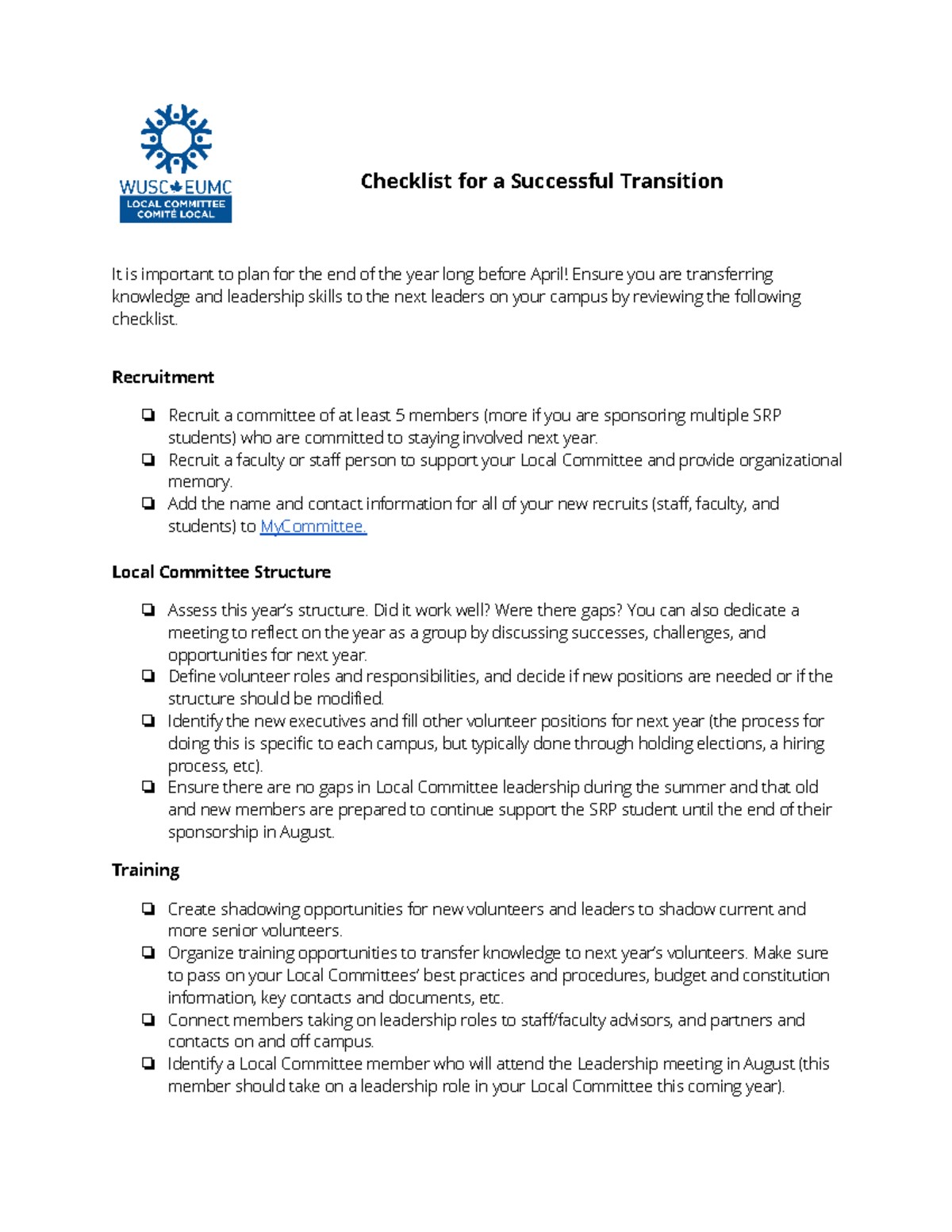 Local Committee Checklist for a successful transition - Checklist for a ...