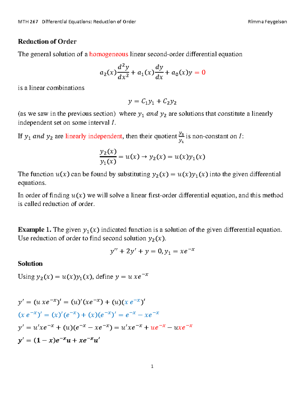 4.2.01 Examples Reduction of Order - Reduction of Order The general ...
