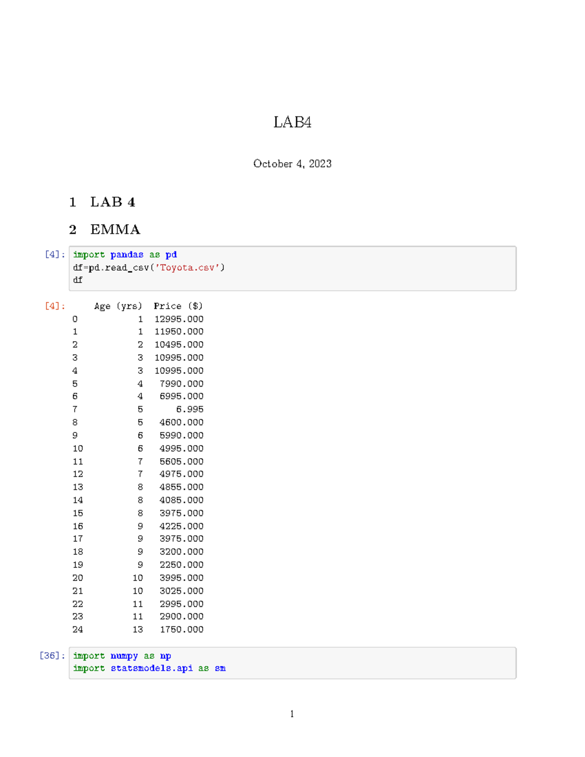LAB4 - This is a coding lab - 2 EMMA [4]: import pandas as pd df=pd_csv('Toyota') df 1 1 11950 ...