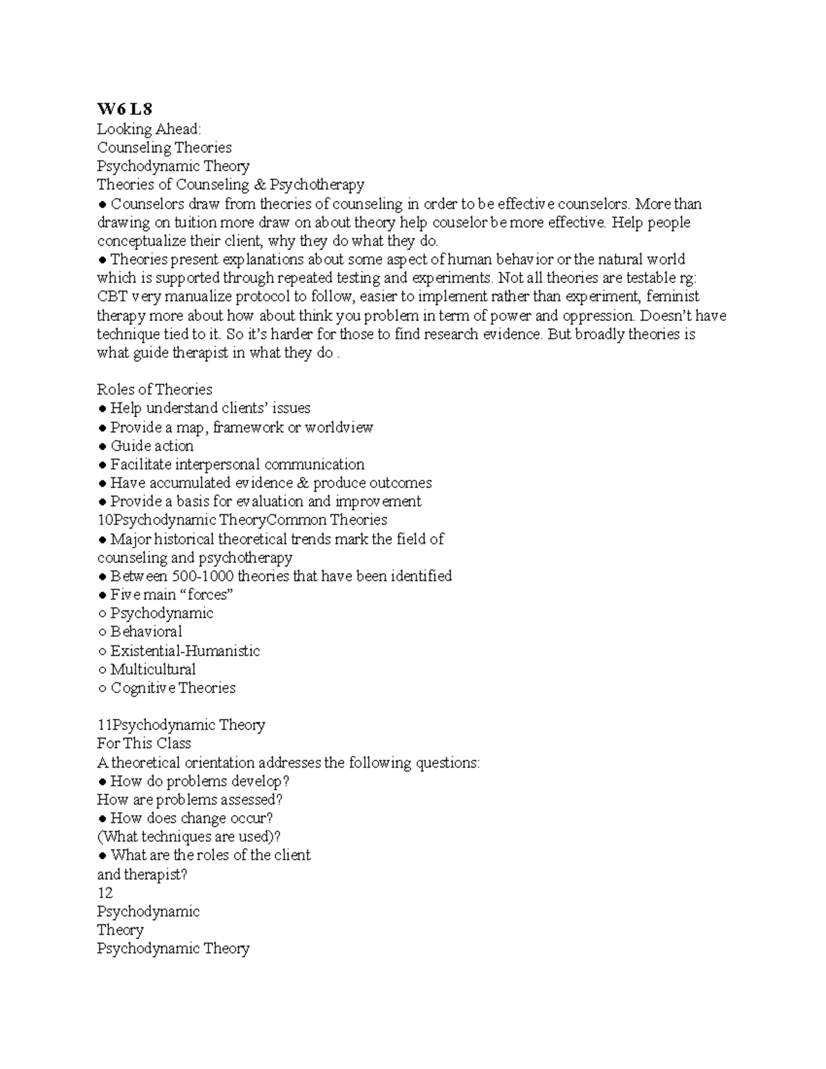 3511 mid term note 2 - W6 L Looking Ahead: Counseling Theories ...