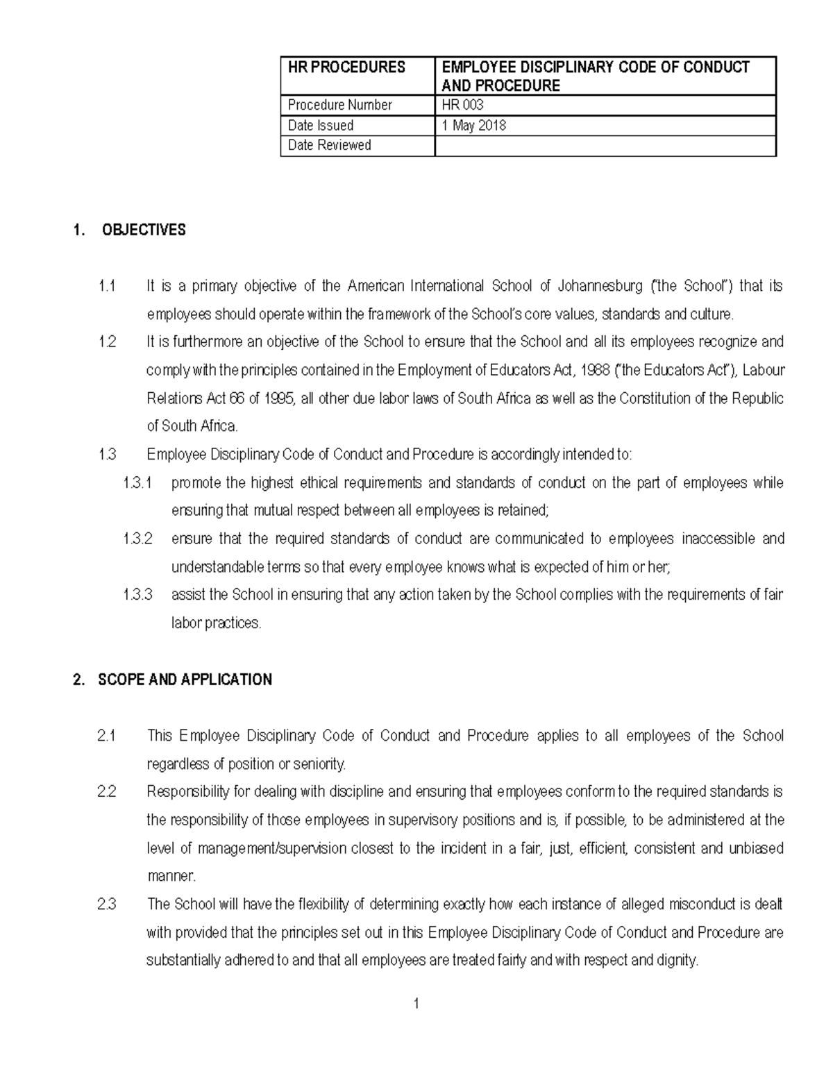 AISJ Employee Disciplinary Code of Conduct and Procedure - AND ...