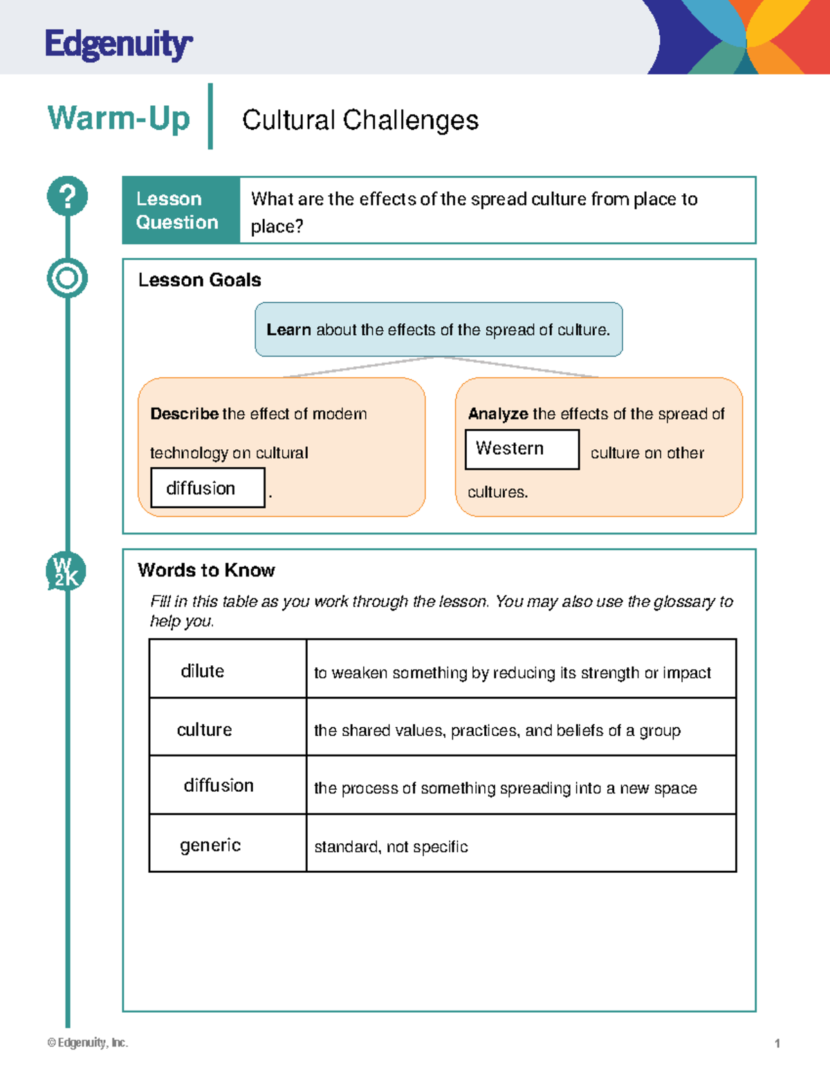 Cultural Challenges - Warm-Up Lesson Question Lesson Goals ? Words to ...