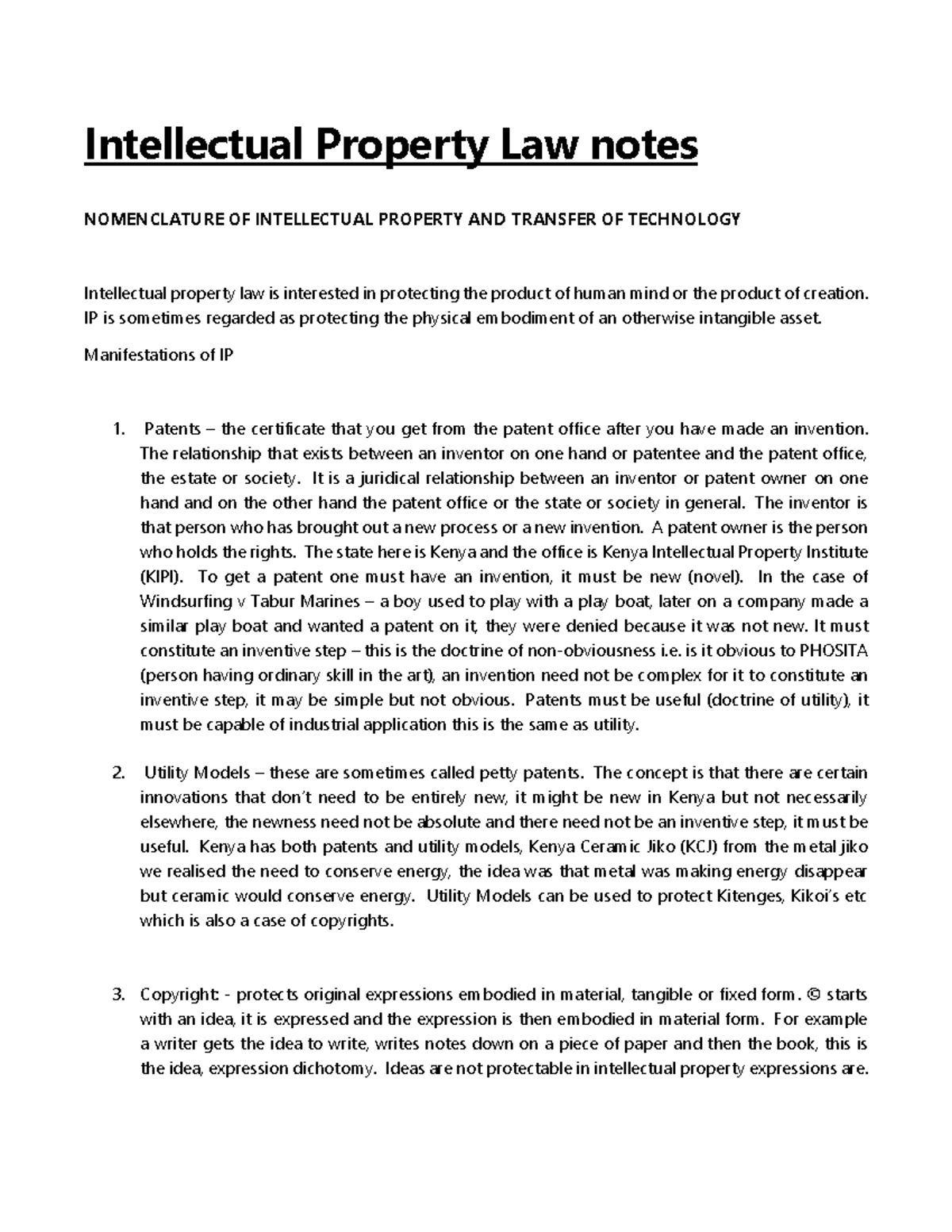 Intellectual property notes 1 - Intellectual Property Law notes ...