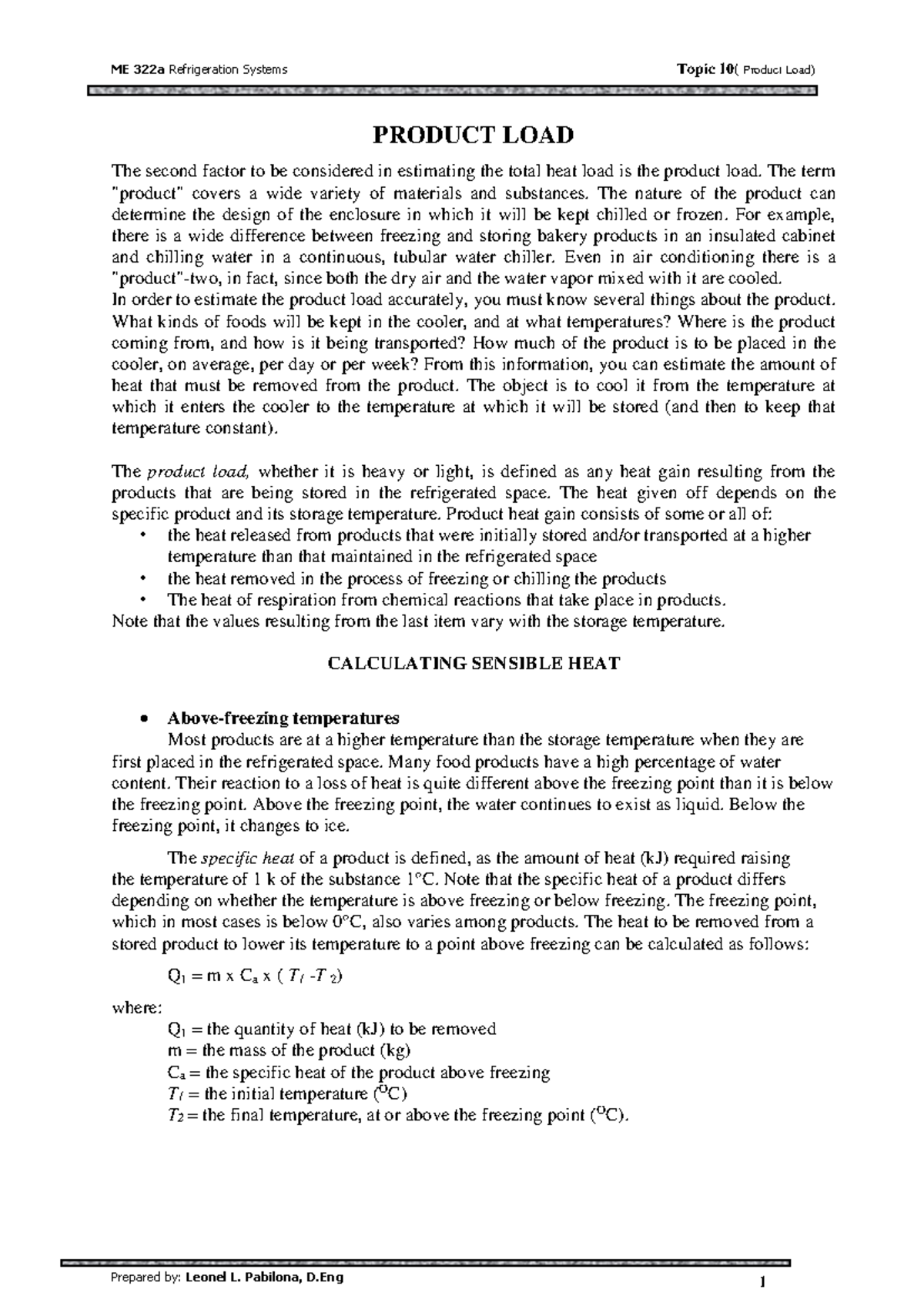 Topic 10 Product Load - Refrigeration Systems - PRODUCT LOAD The second ...