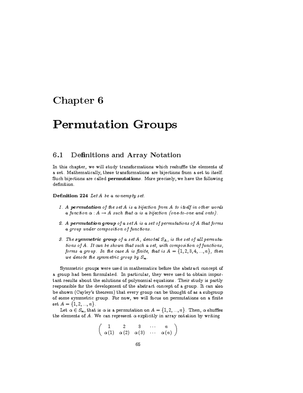 Mathematics Chapter 6 Permutations Groups Chapter 6 Permutation Groups 6 DeÖnitions And Array