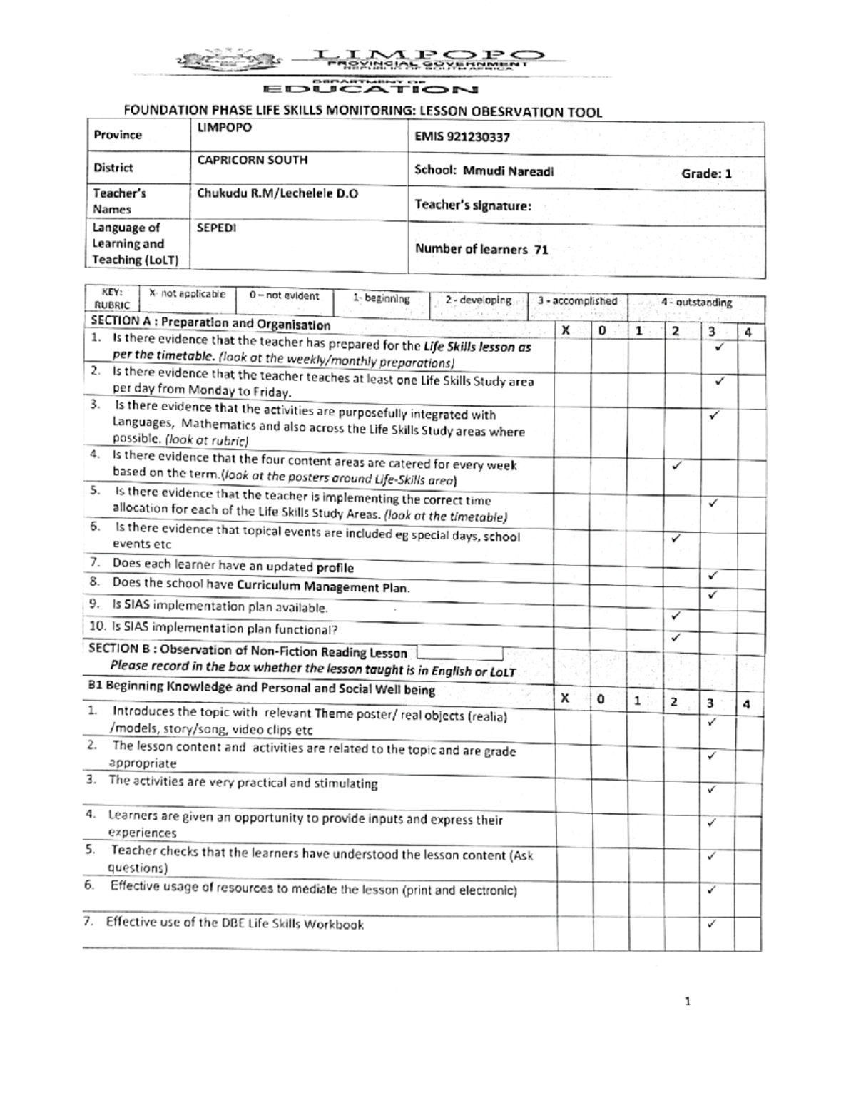 Grade 1-3 lesson observation tool - IIMPOPO PROVINCIALO EDUCATION ...