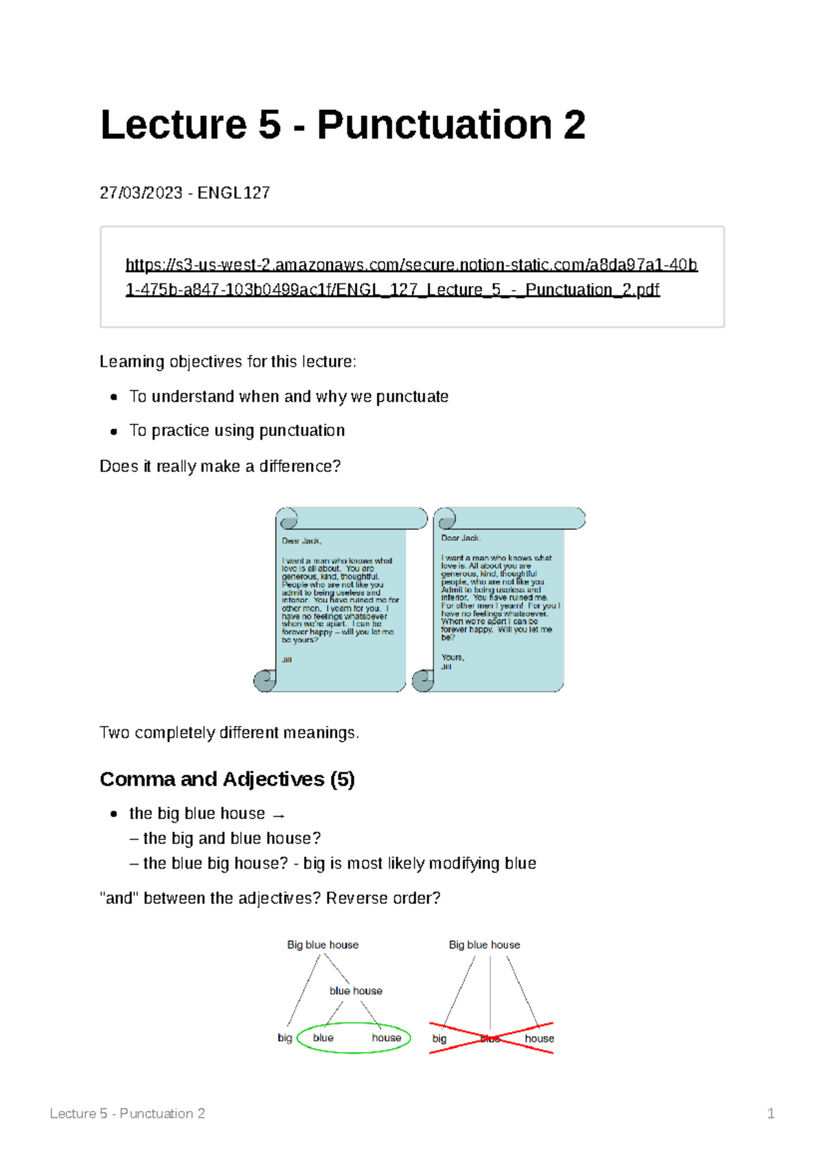 ENGL127 Lecture 5 Notes - Lecture 5 - Punctuation 2 27/03/2023 - ENGL ...