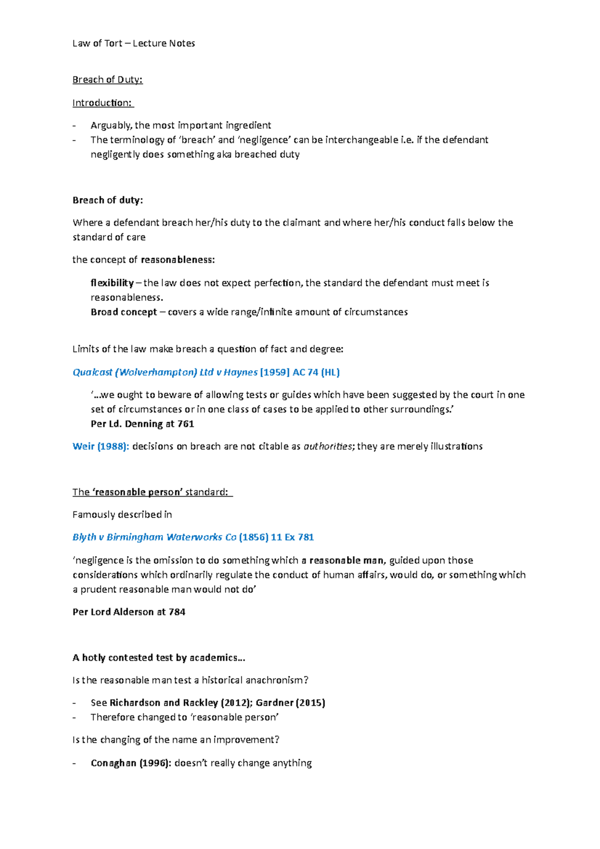Breach of Duty - Lecture Notes - Breach of Duty: Introducion ...