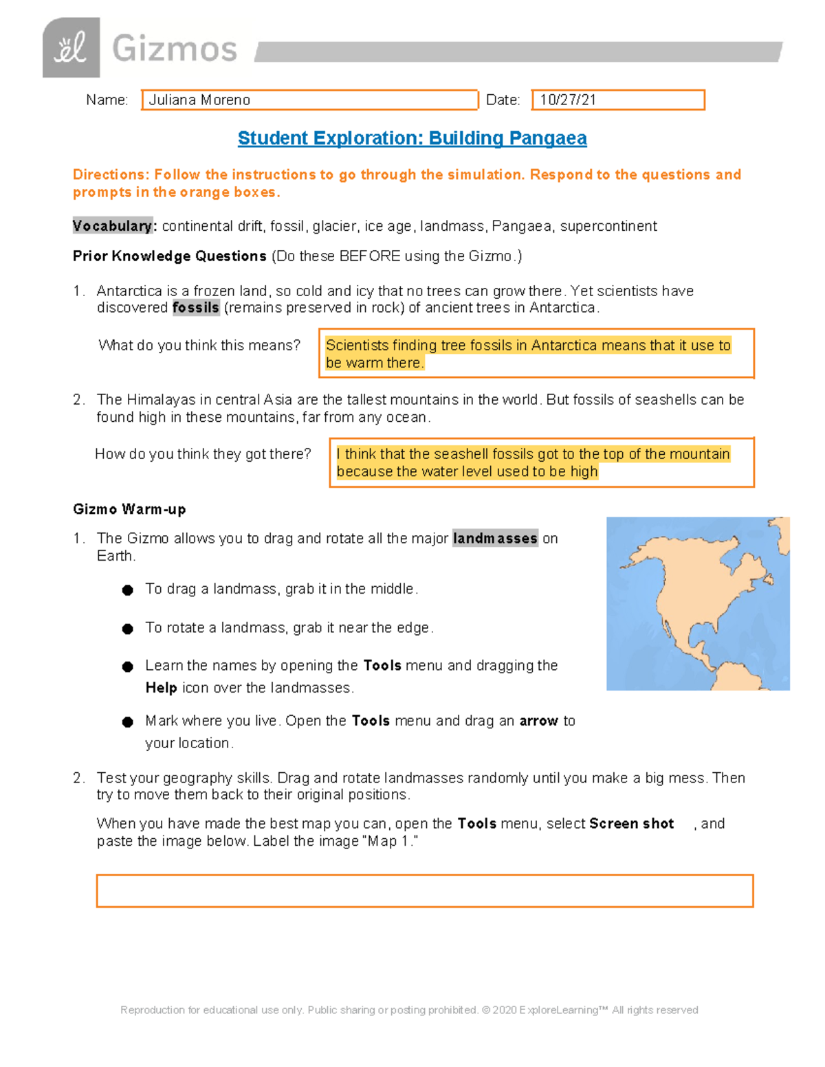 Gizmos Building Pangaea SE - Name: Juliana Moreno Date: 10/27/ Student ...