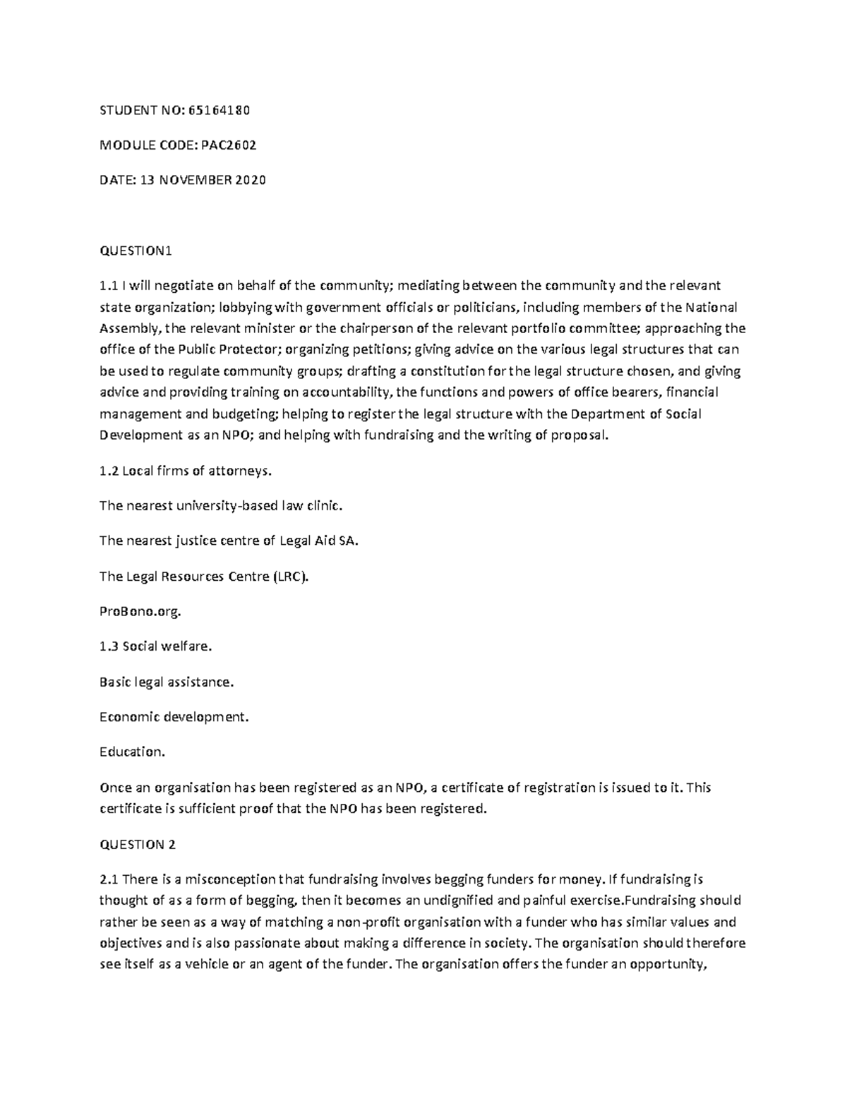 PAC 2602 EXAM PACK FOR 2020 - STUDENT NO: 65164180 MODULE CODE: PAC ...