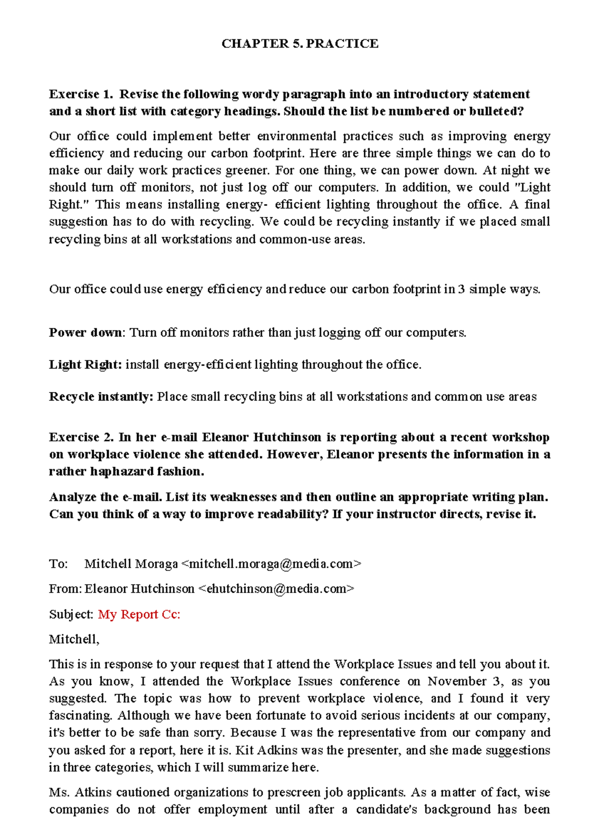 Chapter 5- Writing Emails 2 - CHAPTER 5. PRACTICE Exercise 1. Revise ...