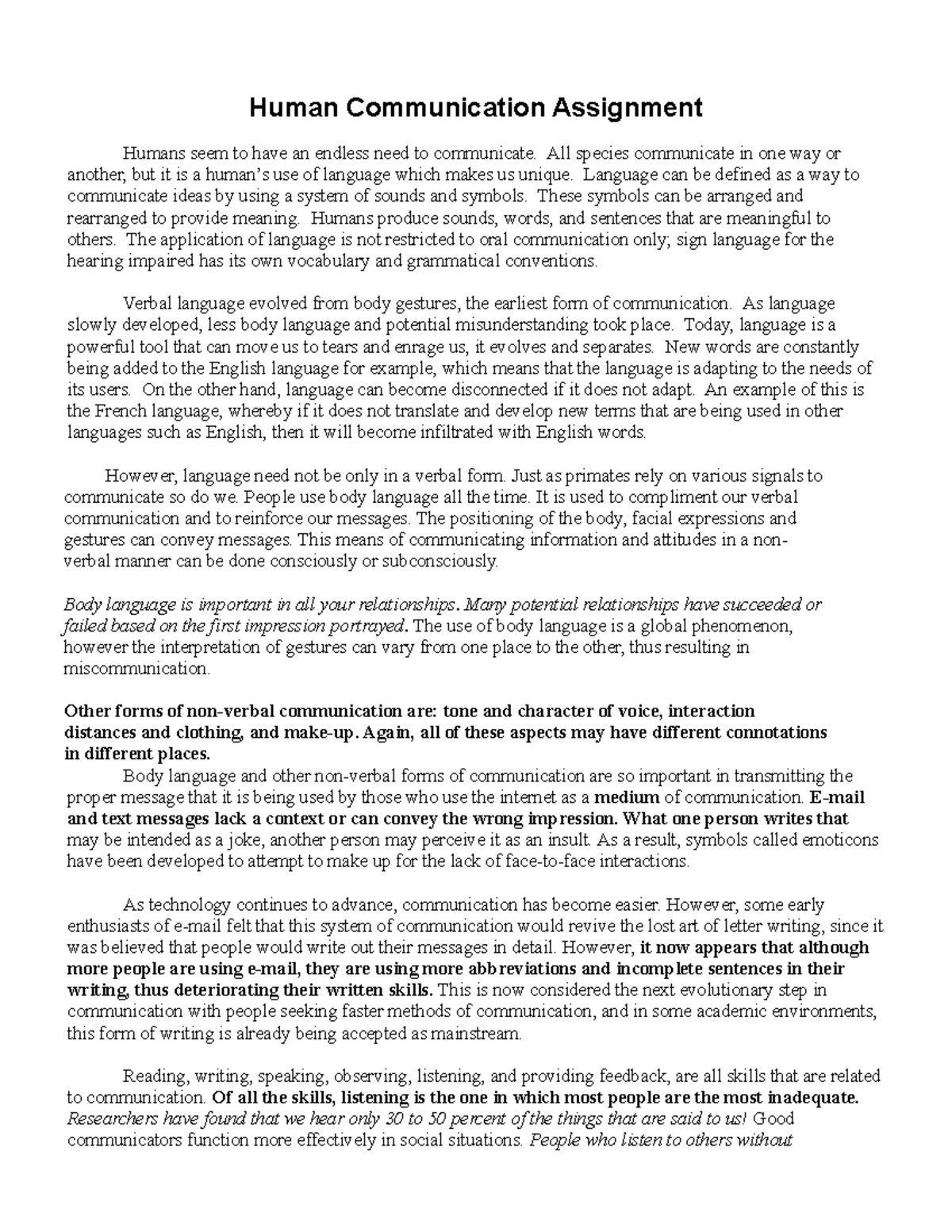 Communication Assignment - Human Communication Assignment Humans seem ...