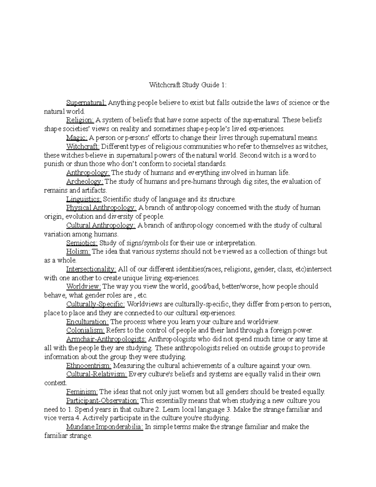 Witch Craft Study Guide 1 - Witchcraft Study Guide 1: Supernatural: Anything people believe to ...