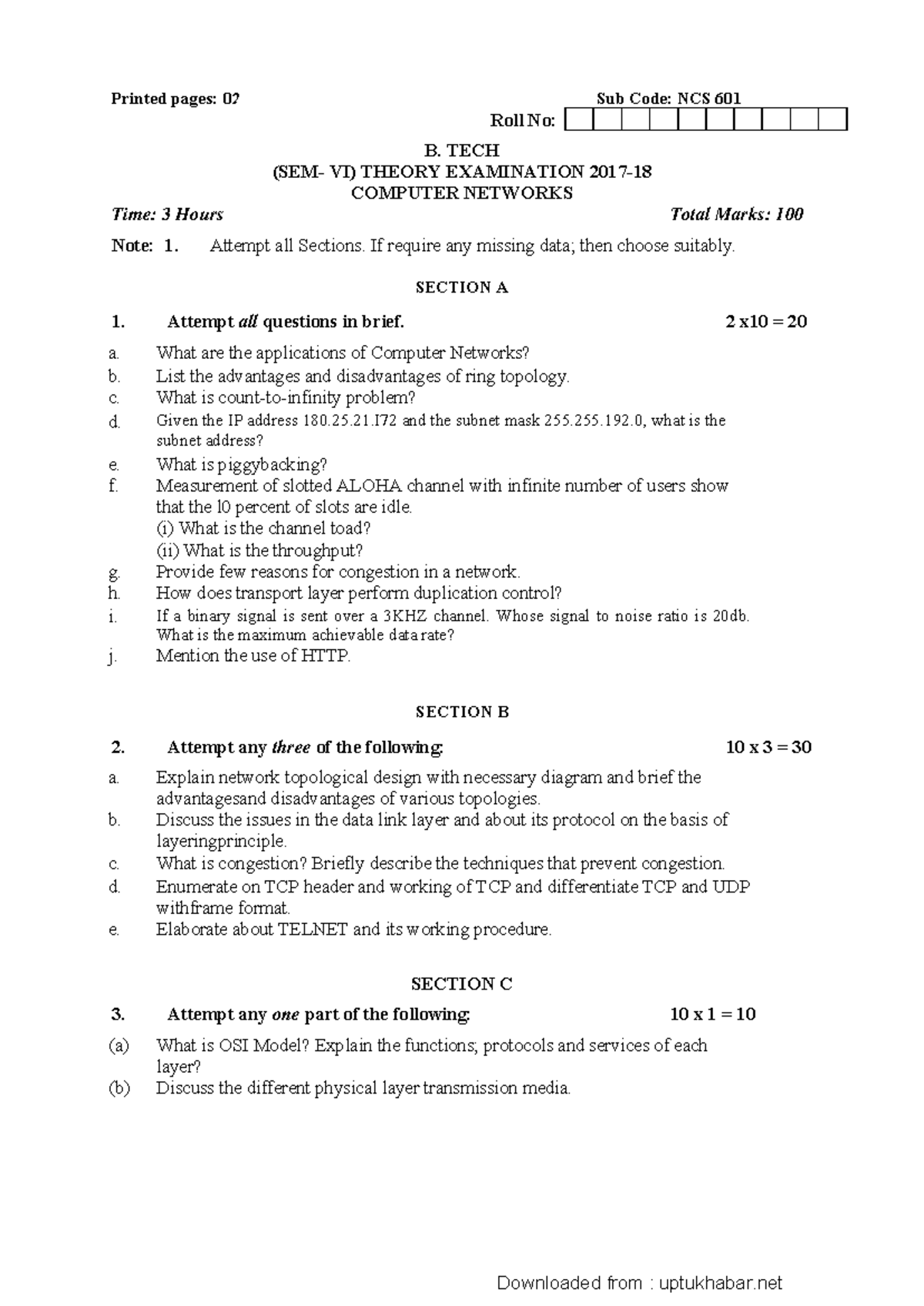 Computer Network 2018 PYQ - Printed pages: 02 Sub Code: NCS 601 Paper ...