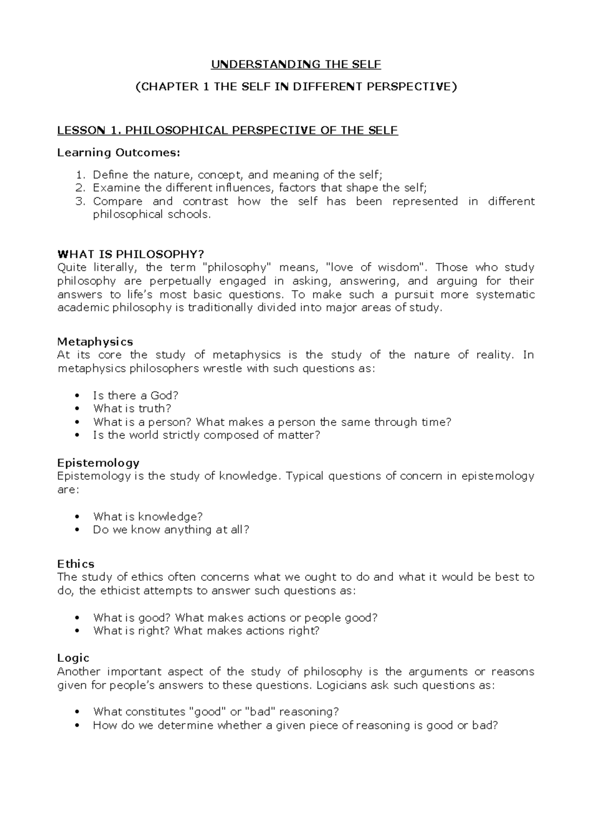 Philo - UNDERSTANDING THE SELF (CHAPTER 1 THE SELF IN DIFFERENT ...