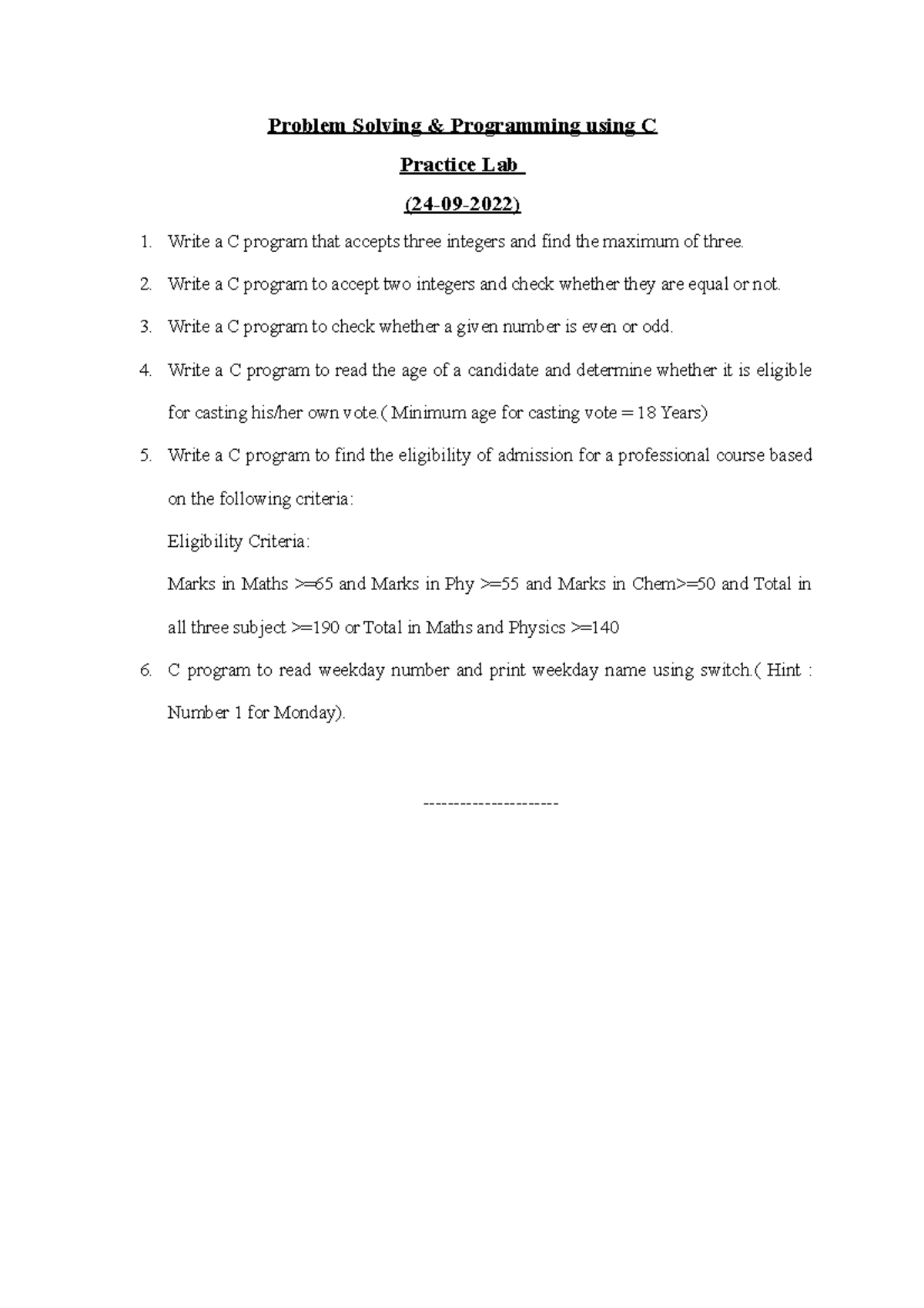 Lab Practice For C Problem Solving And Programming Using C Practice Lab 24 09 2022 Write A C 