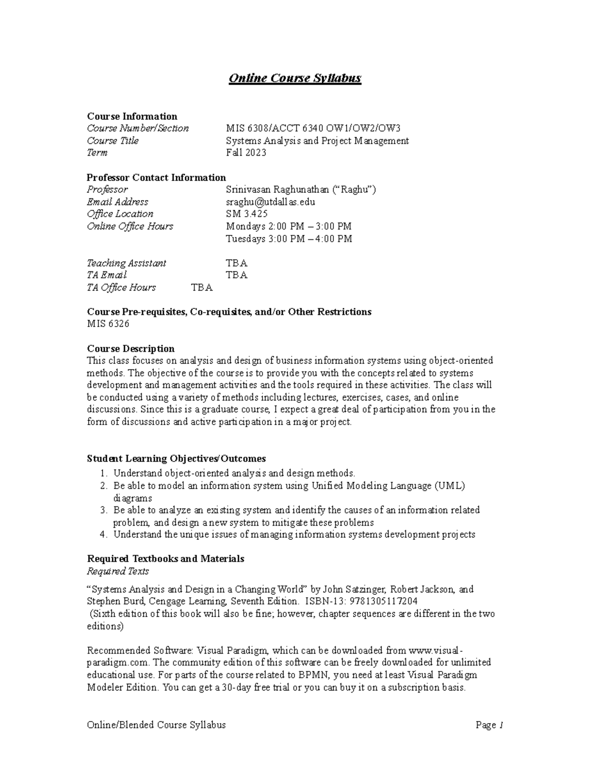 Online Syllabus MIS6308 Fall 2023(2) - Online Course Syllabus Course ...