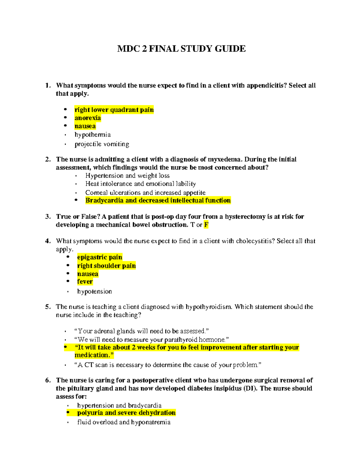 Medical Nursing 2 Final Study Guide - MDC 2 FINAL STUDY GUIDE What ...