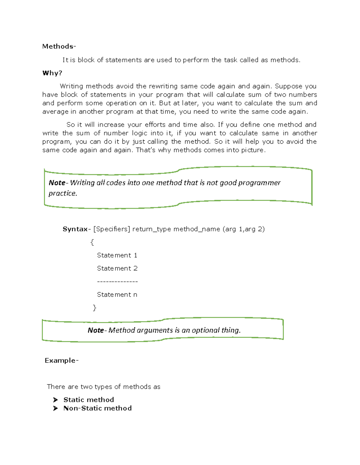 Methods in JAVA - Methods- It is block of statements are used to perform the task called as ...