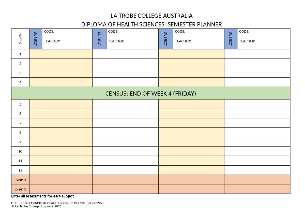 Semester Planner - lecture note - LA TROBE COLLEGE AUSTRALIA DIPLOMA OF ...
