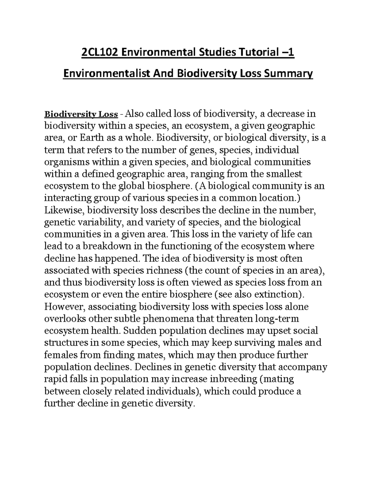 2CL102 Tutorial 1 - NONONONONONONONONONONONONONO - 2CL102 Environmental ...