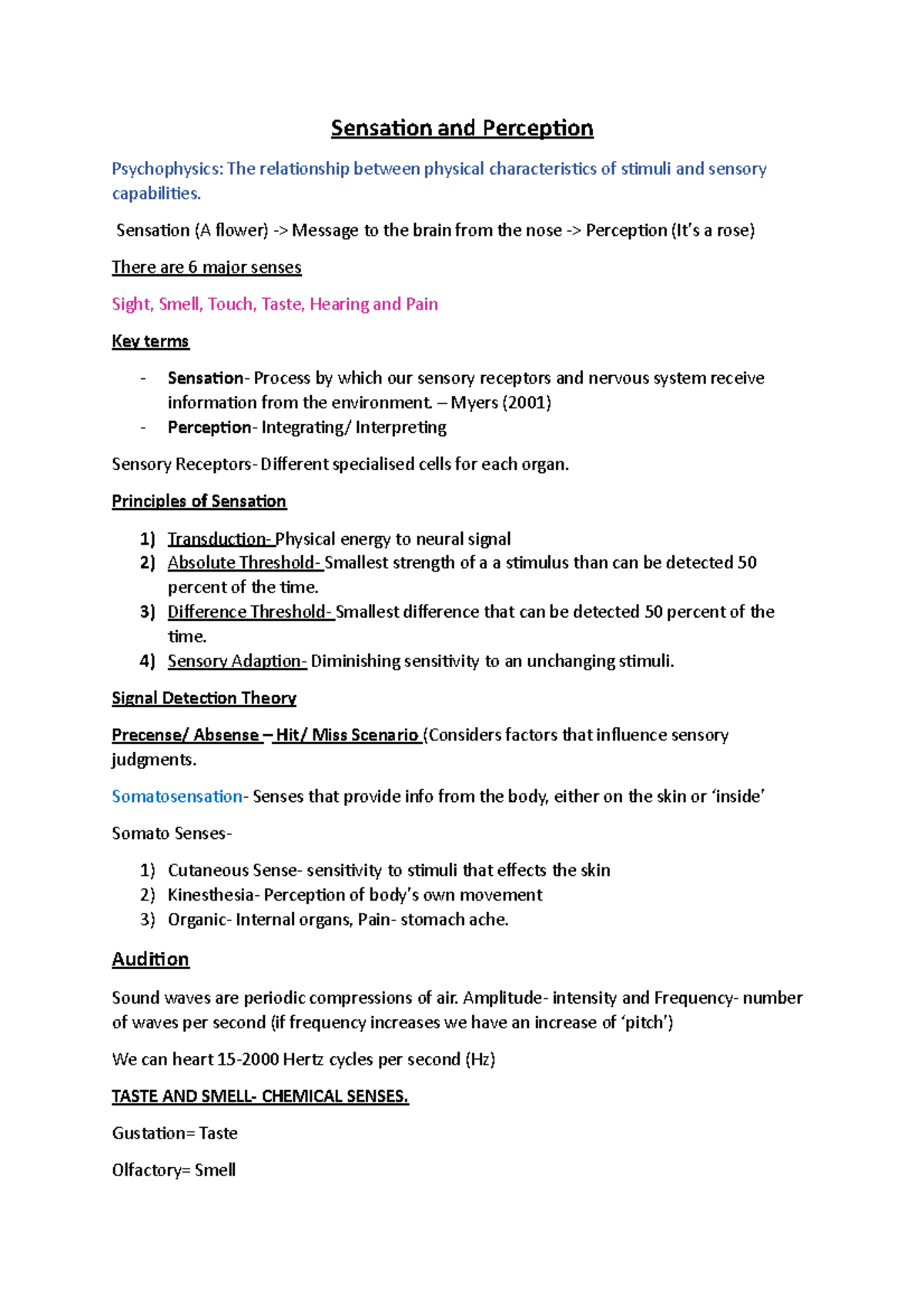 Sensation and Perception Notes - Sensation and Perception Psychophysics ...