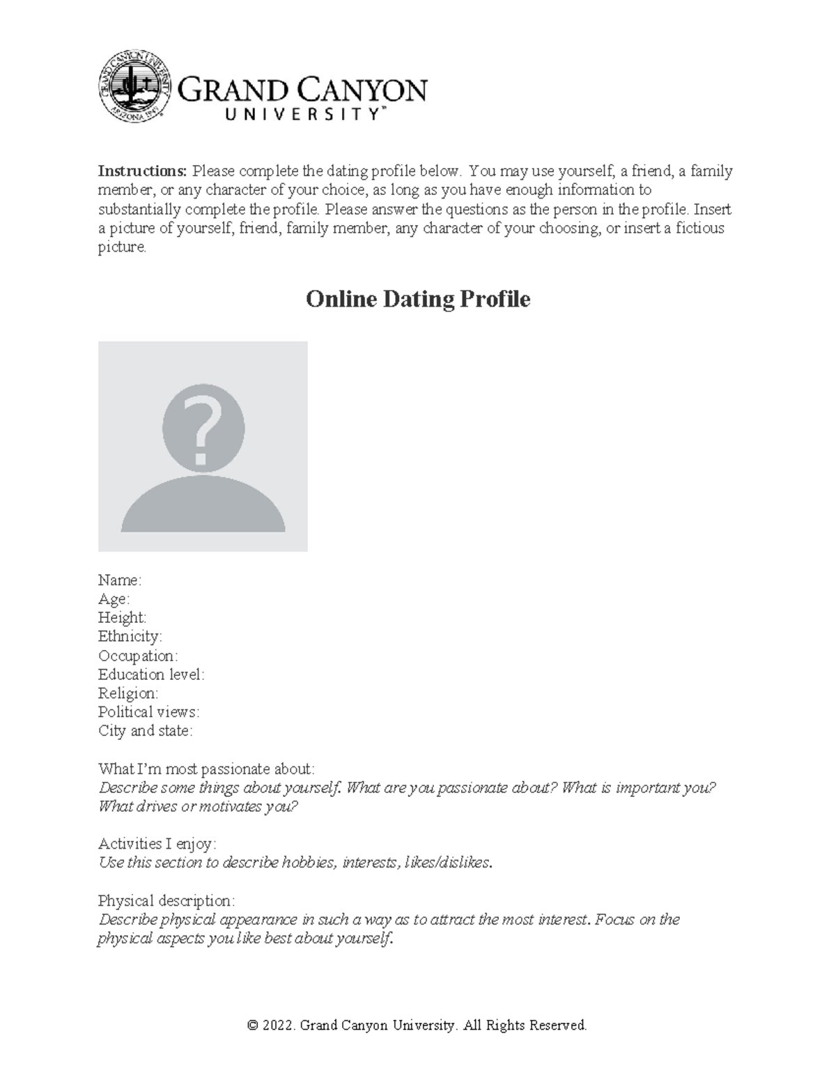 PSY362 RS T5 Online Dating Profile - Instructions: Please complete the ...