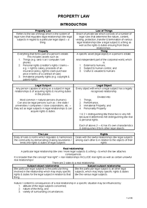Property law notes - Property law notes STUDY UNIT 1 Property in law of ...