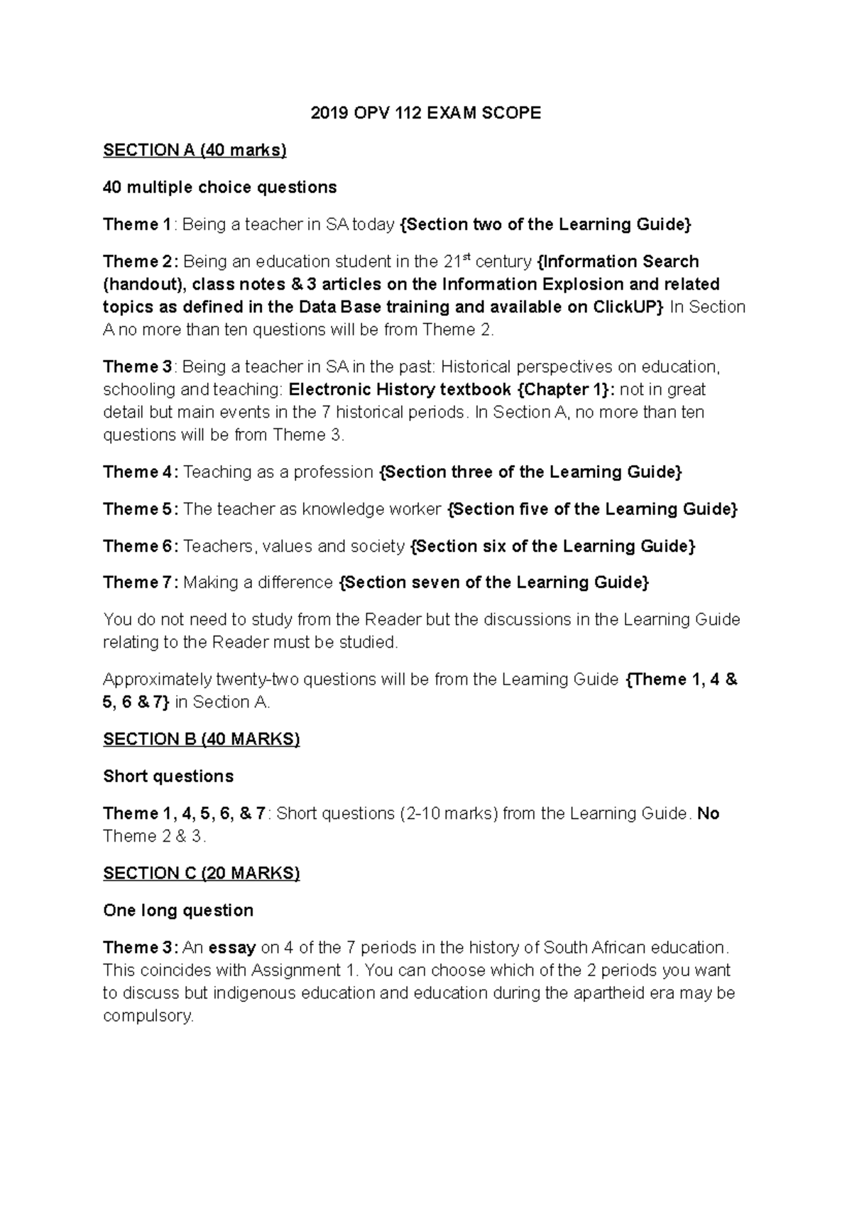 2019 OPV 112 EXAM Scope - 2019 OPV 112 EXAM SCOPE SECTION A (40 marks ...
