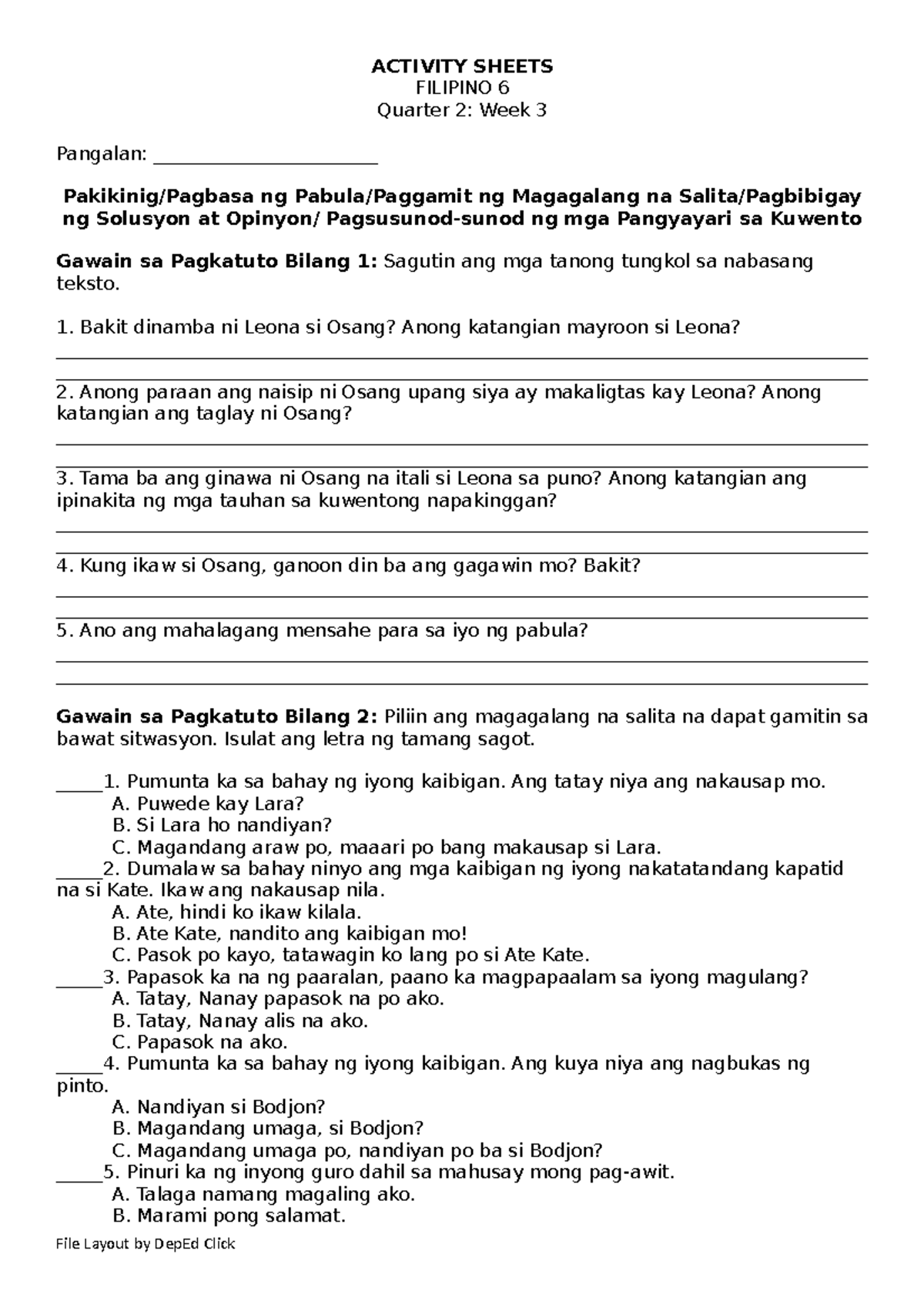 Filipino 6 Activity Sheet Q2 W3 ACTIVITY SHEETS FILIPINO 6 Quarter 2