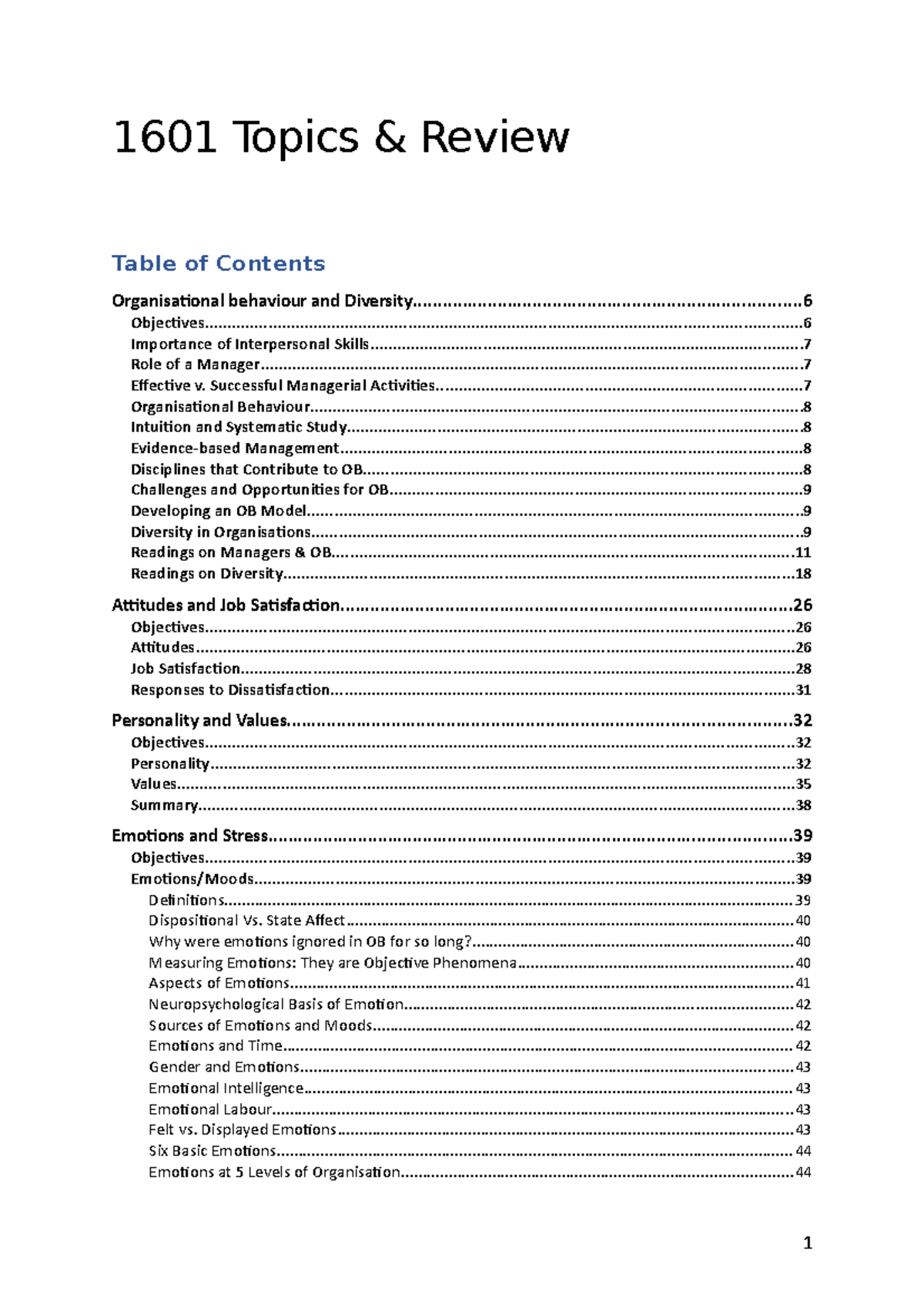 MGTS1601 Review - Summary Organisational Behaviour - 1601 Topics Review ...