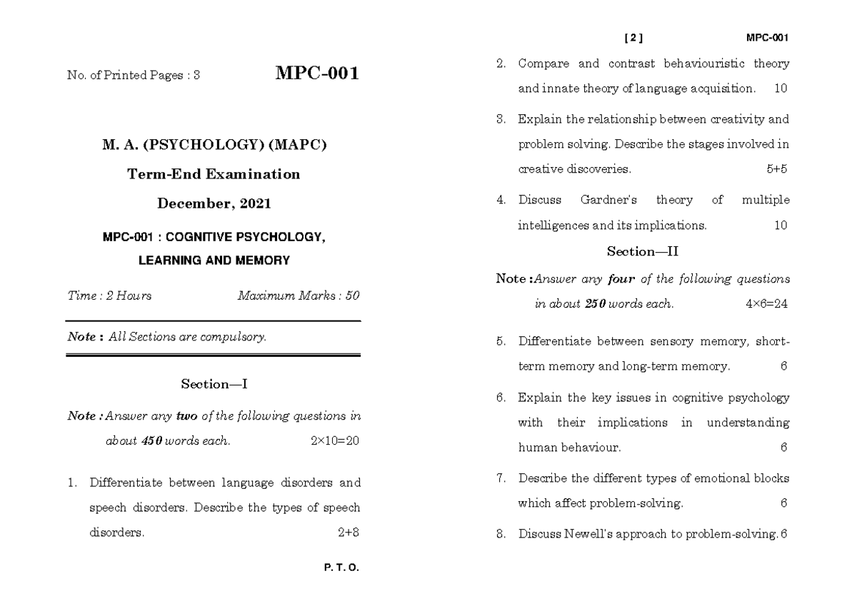 MPC-1 and 2 question papers - P. T. O. No. of Printed Pages : 3 MPC- M. A. (PSYCHOLOGY) (MAPC ...
