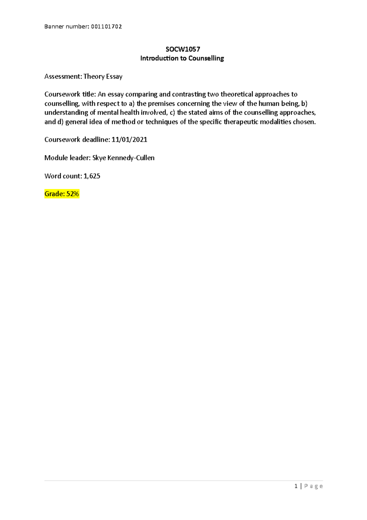 Theory Essay (Introduction to Counselling) - SOCW Introduction to ...