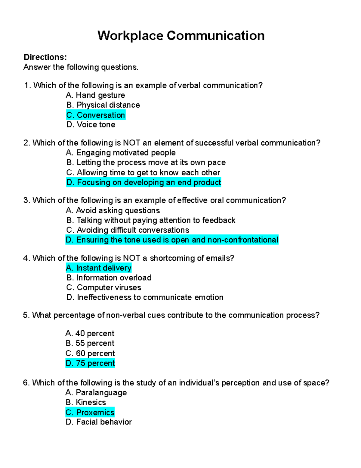 Copy of Workplace COM Study Guide - Workplace Communication Directions ...