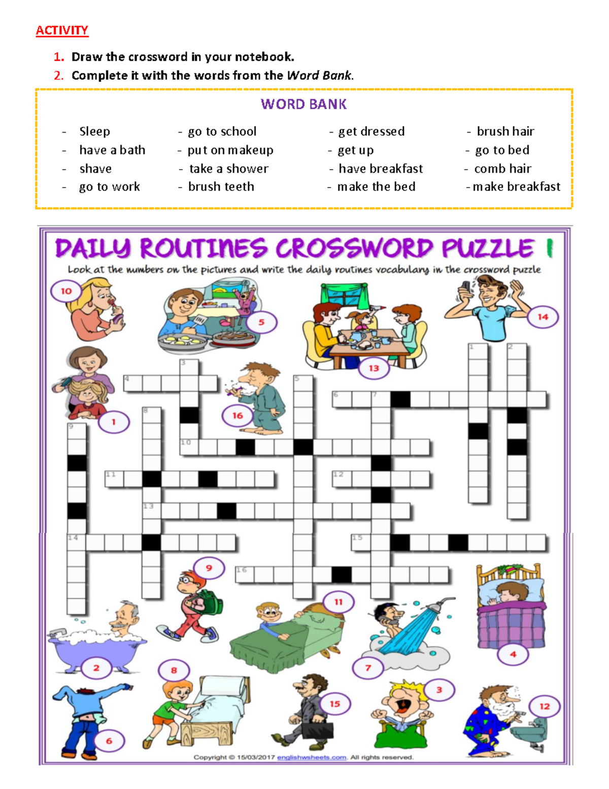 Vocabulary Daily Routine 7th - ACTIVITY 1. Draw the crossword in your ...