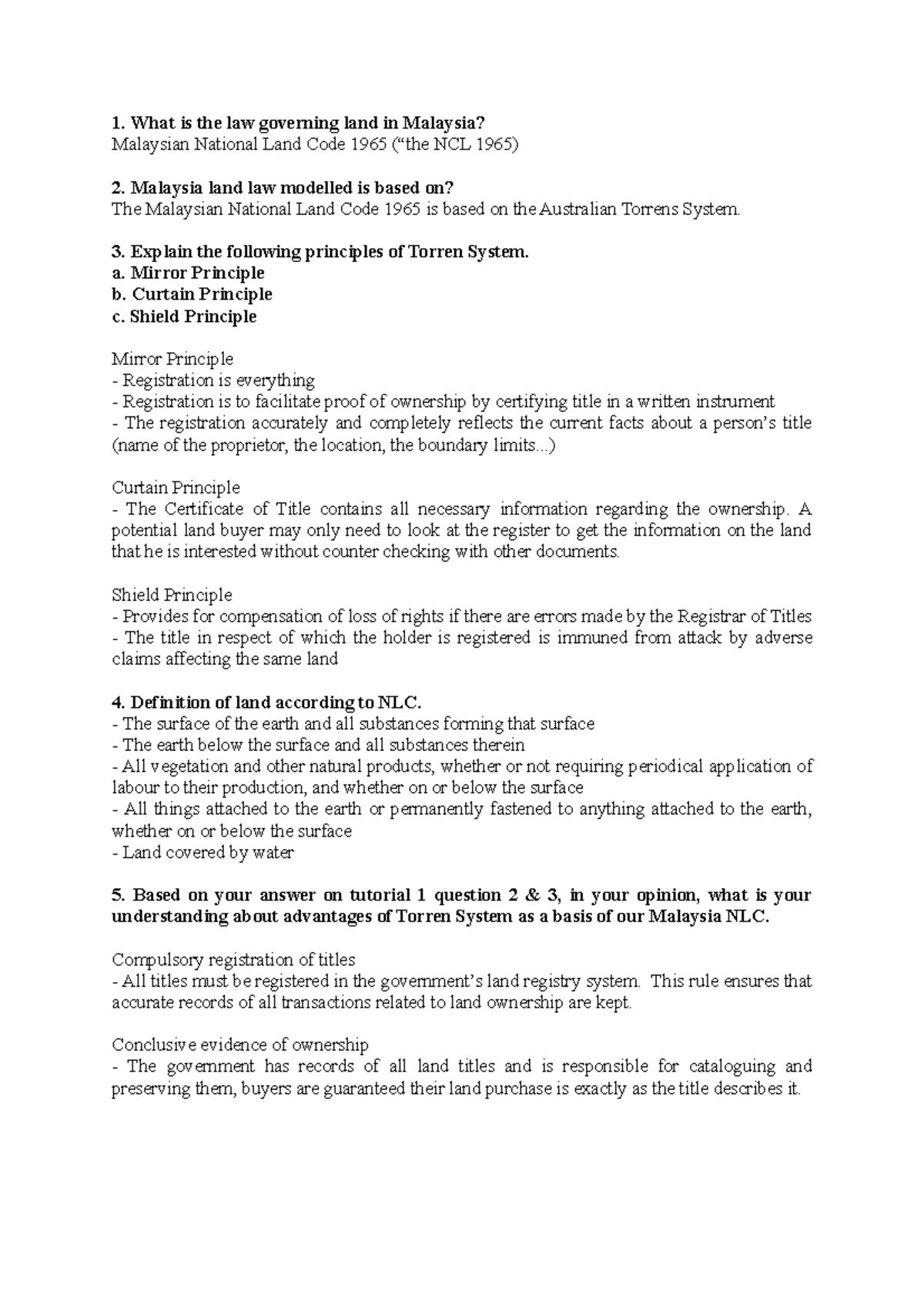 Tutorial 1 - NLC 1965 - 1. What is the law governing land in Malaysia ...