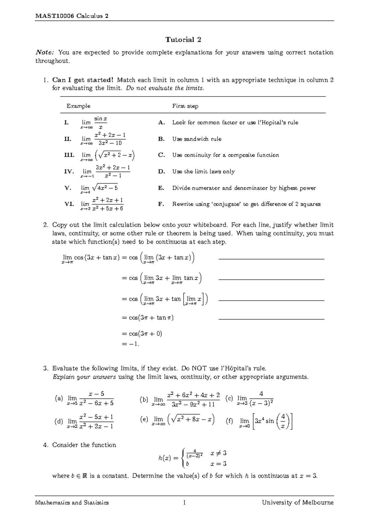 MAST10006 Tutorial 2 Sheet For Practice - MAST10006 - Melbourne - Studocu
